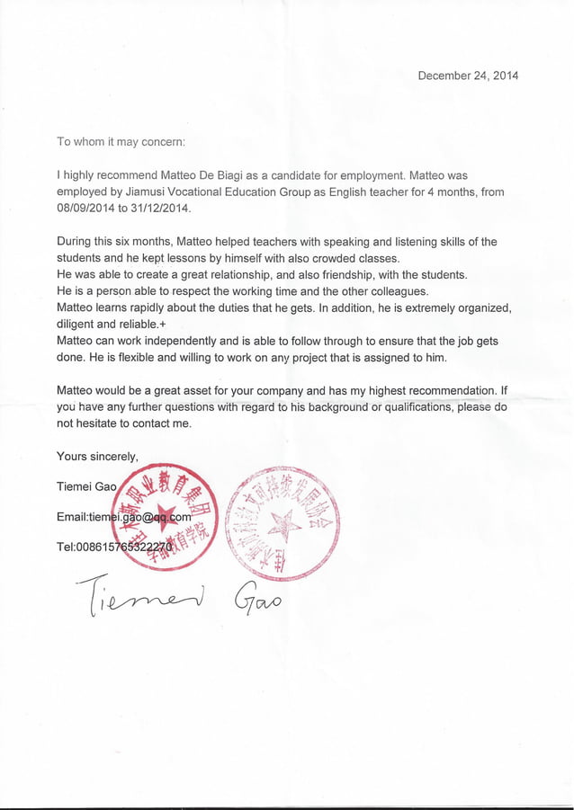 Reference Letter China - Matteo De Biagi | PDF