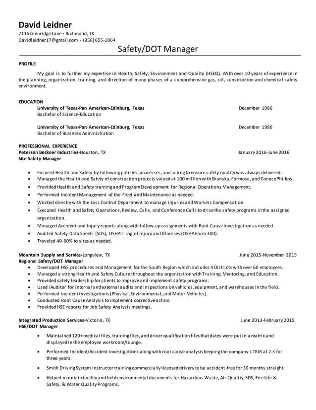 David+Leidner+Safety+Manager+Resume++June+2016 | PDF