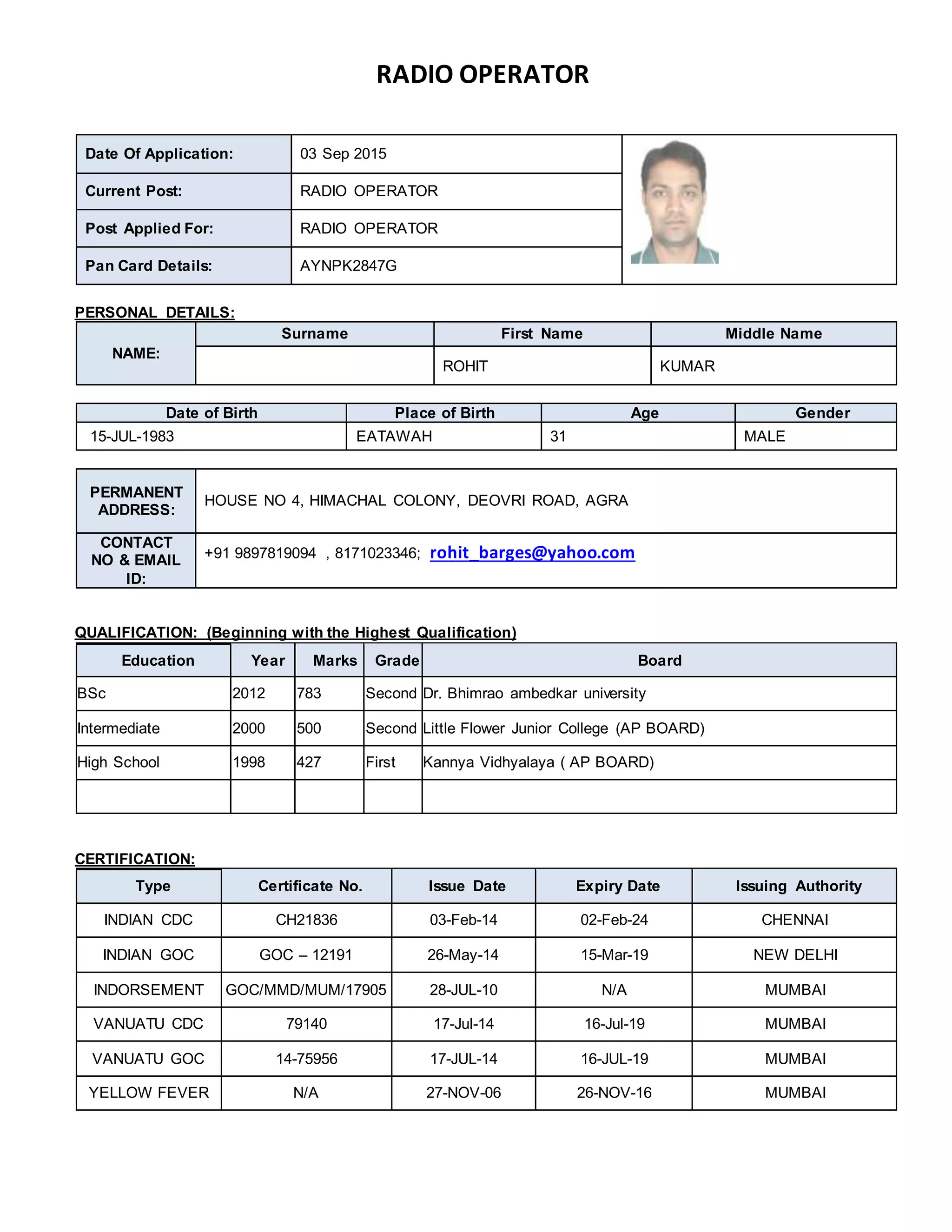 Radio Operator Resume - Rohit | DOCX | Scuba Diving | Extreme Sports