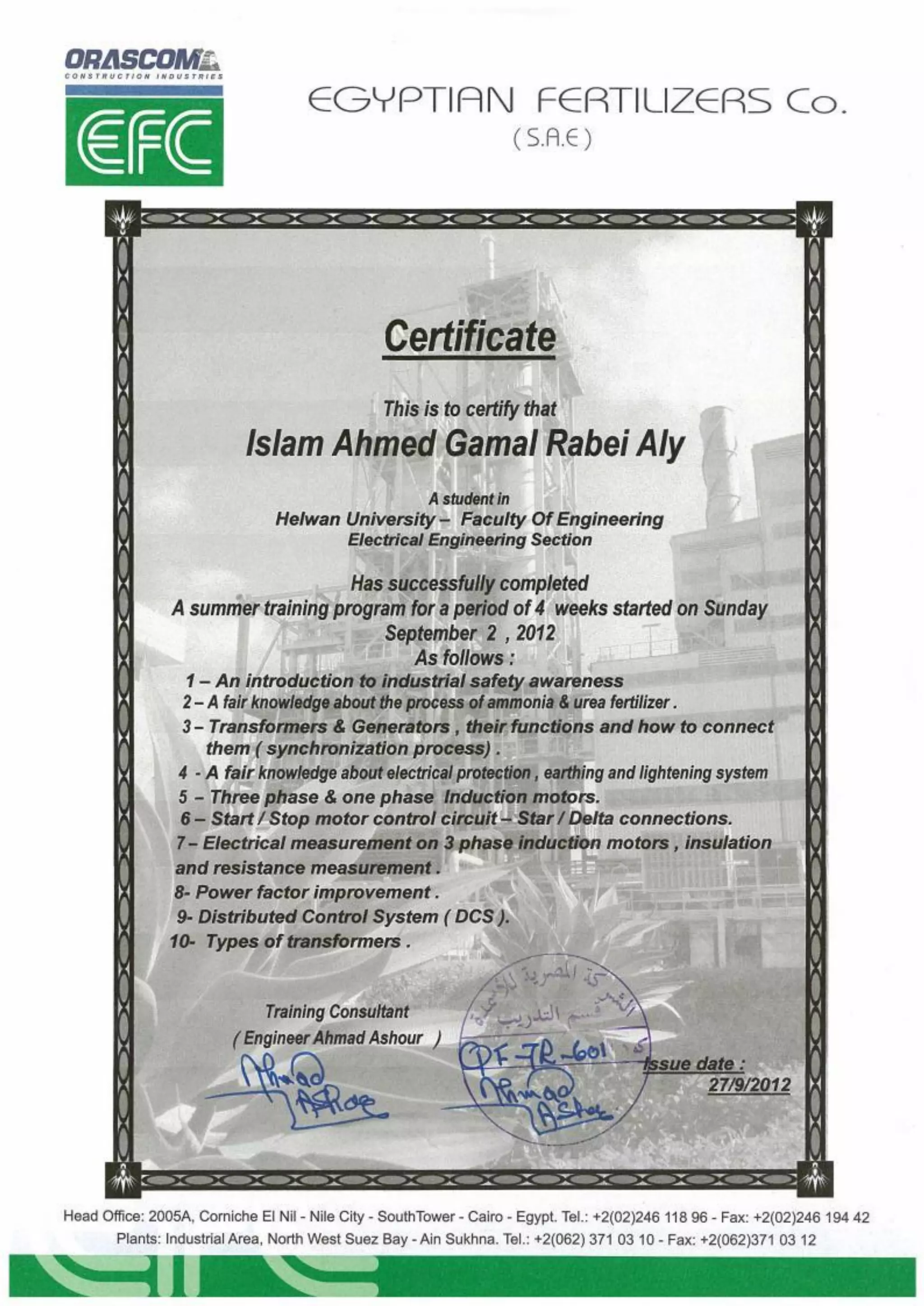 Orascom Training Certificate | PDF