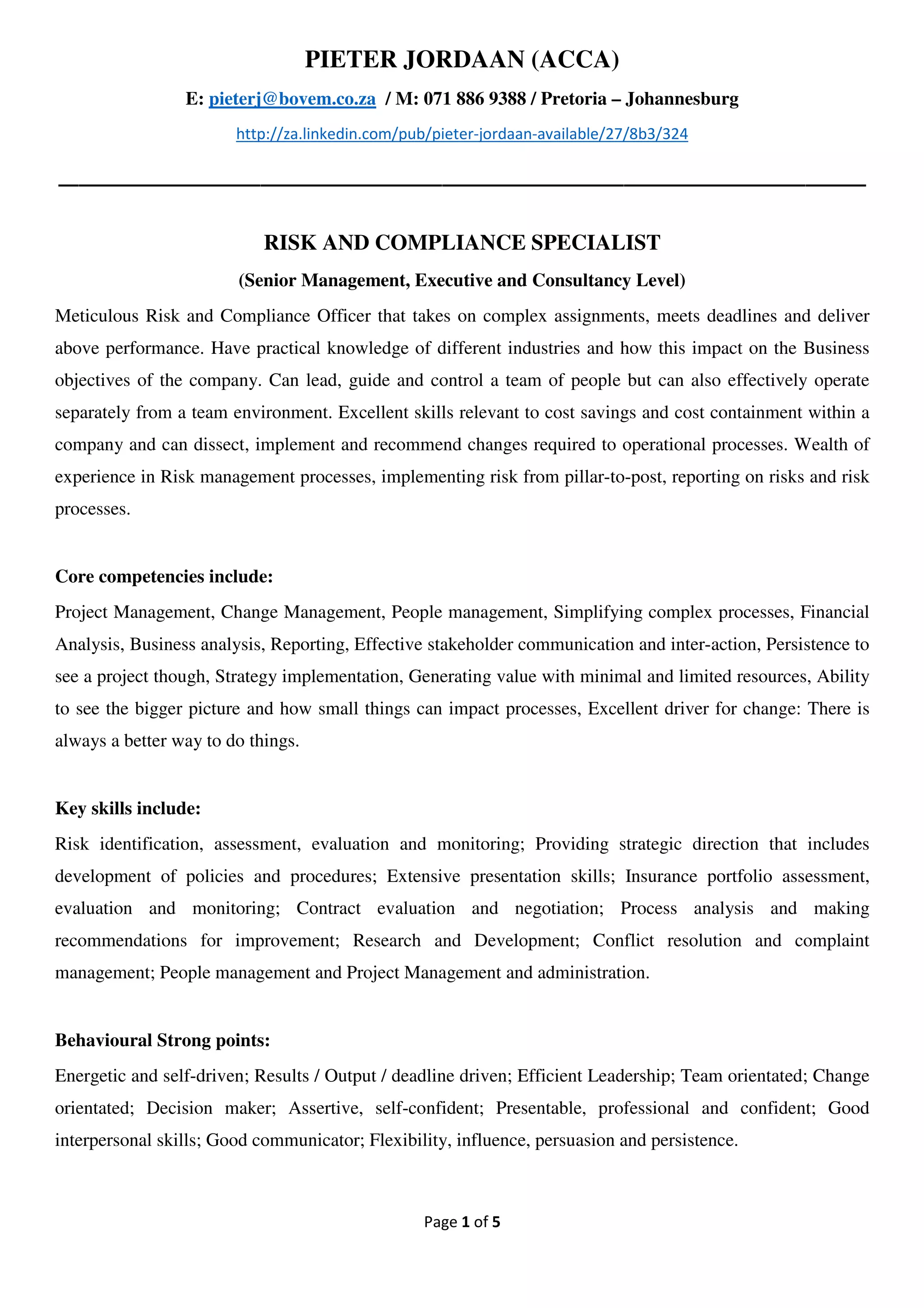 Corporate Profile Pieter Jordaan | PDF