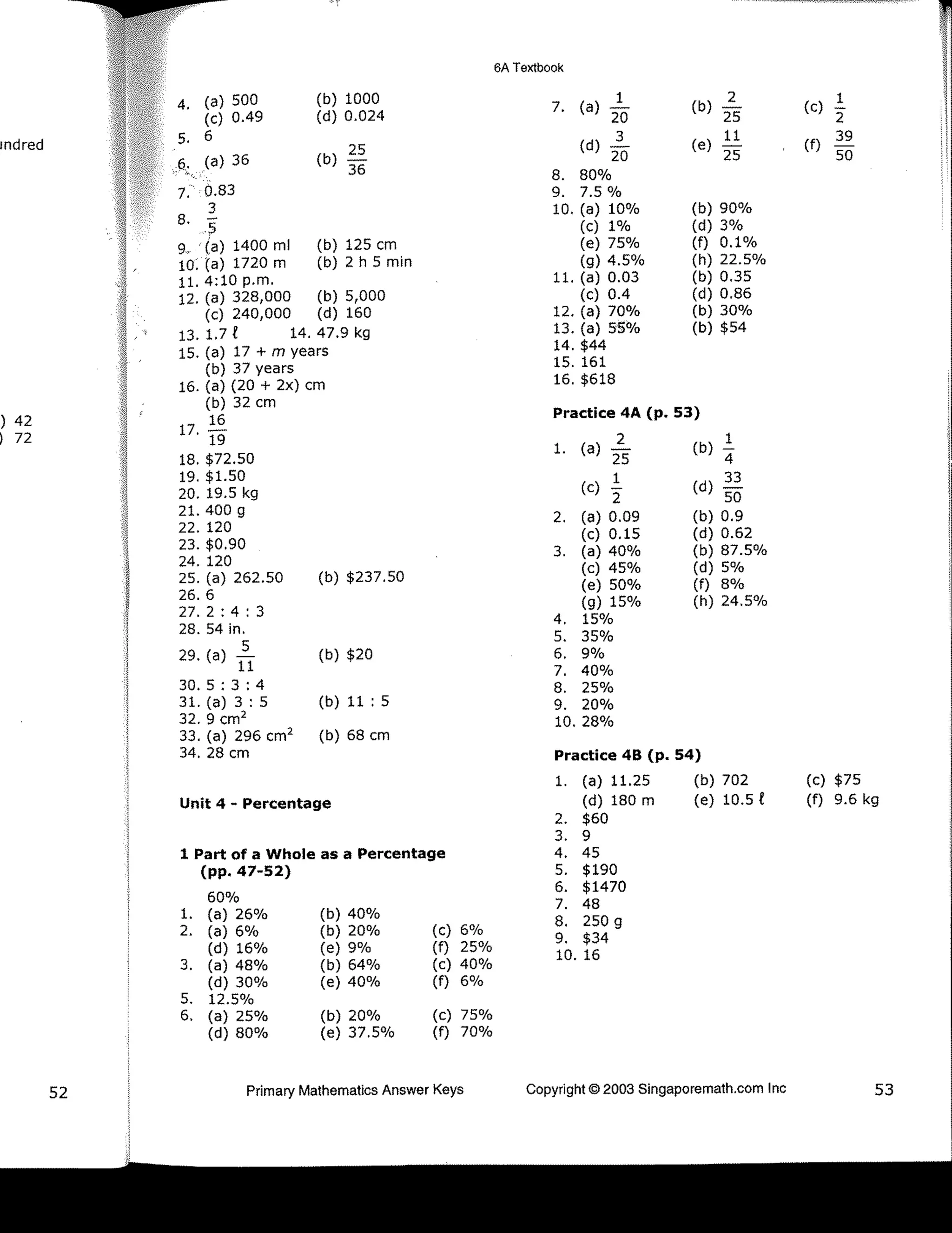 Singapore Math - 6A - Answer Key | PDF