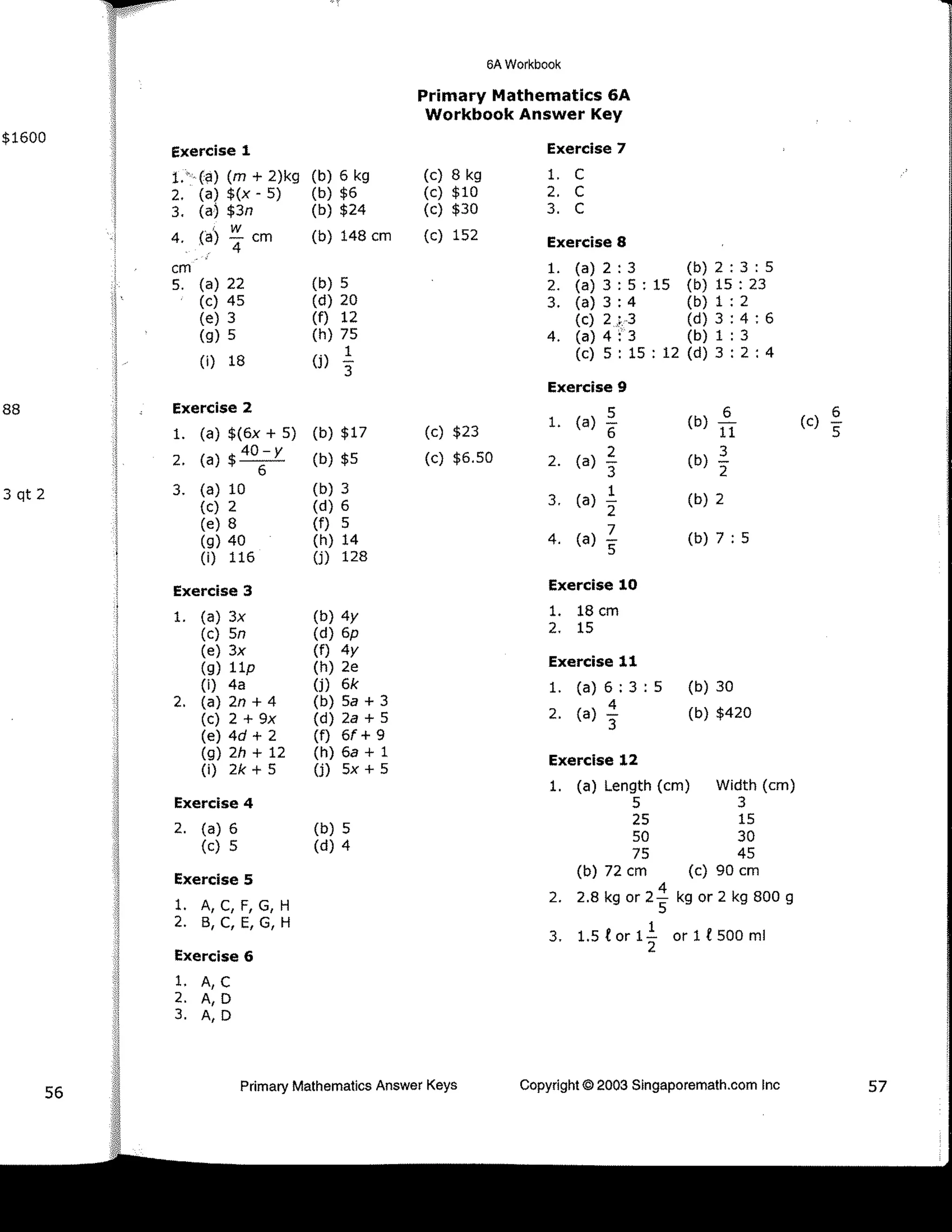 Singapore Math - 6A - Answer Key | PDF