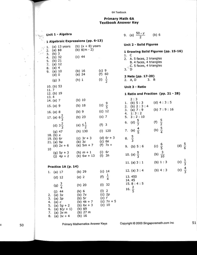 Singapore Math - 6A - Answer Key | PDF