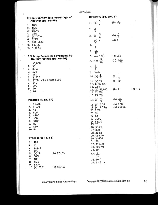 Singapore Math - 6A - Answer Key | PDF