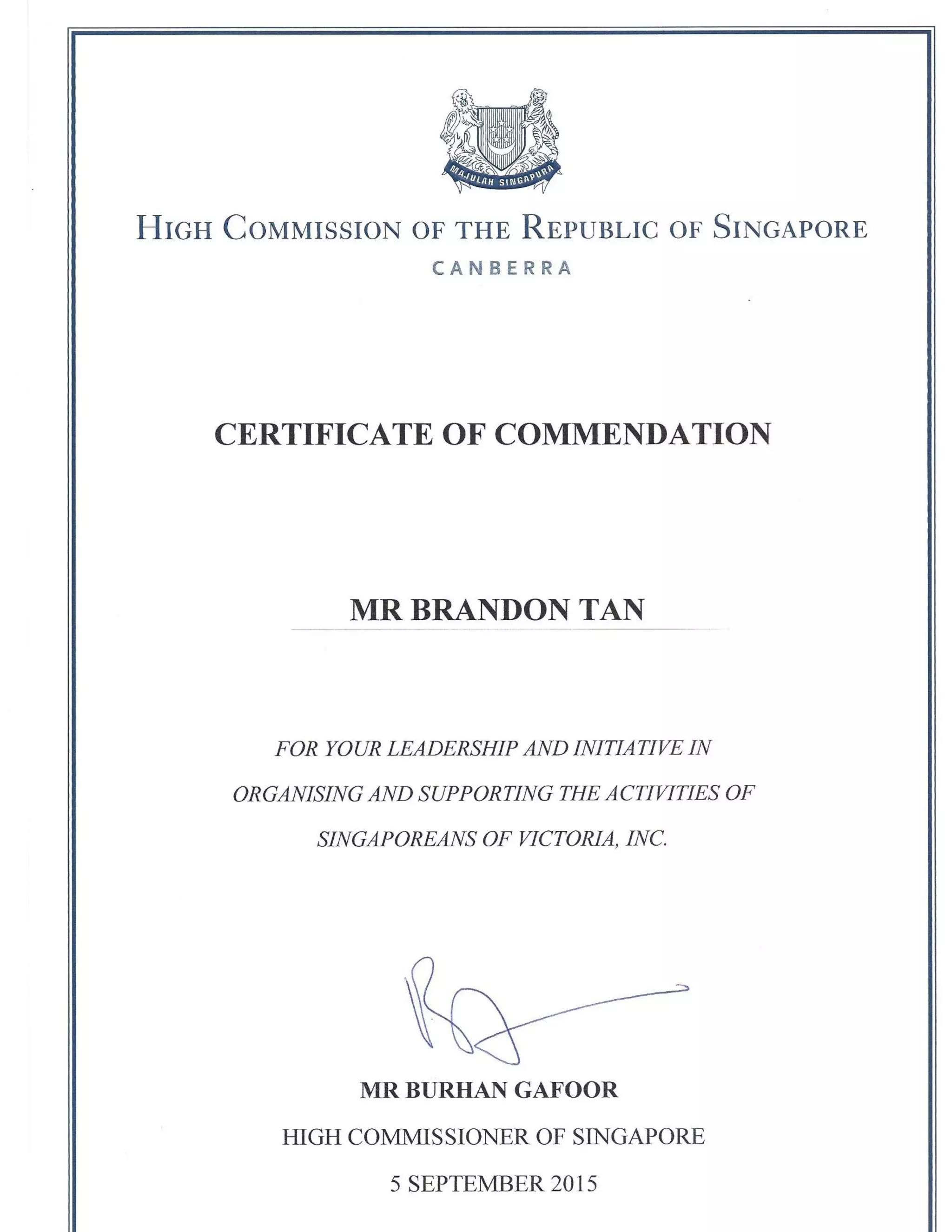 High Commissioner Letter of Commendation | PDF
