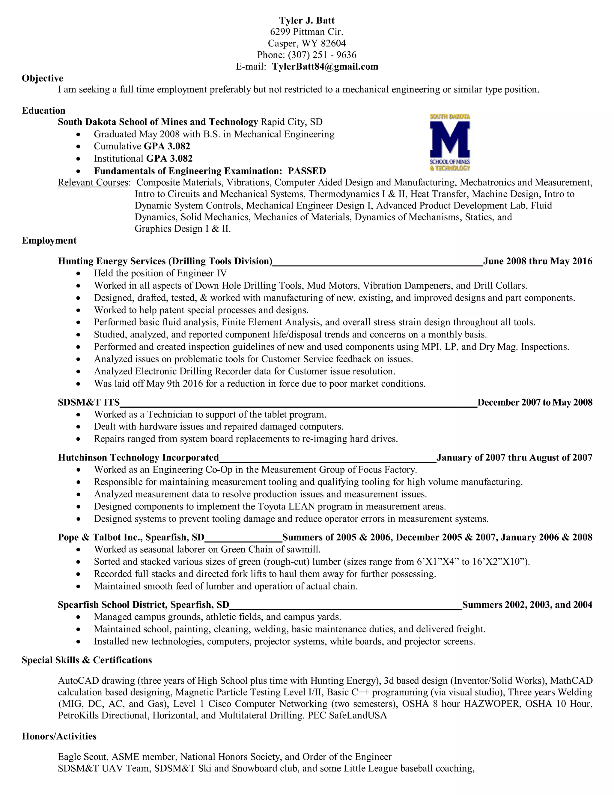 Tyler Batt Resume Mechanical Engineer 5-12-16 | PDF