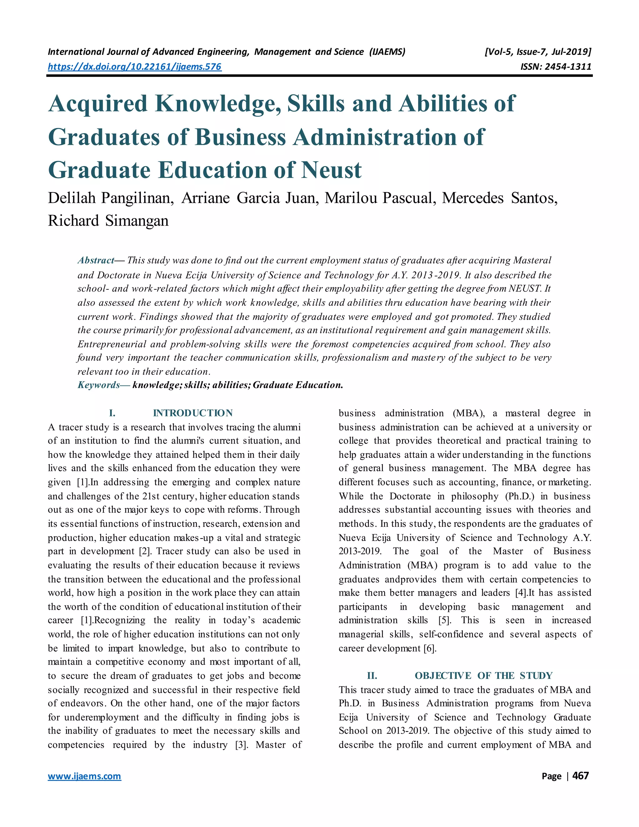 Acquired Knowledge, Skills and Abilities of Graduates of Business ...