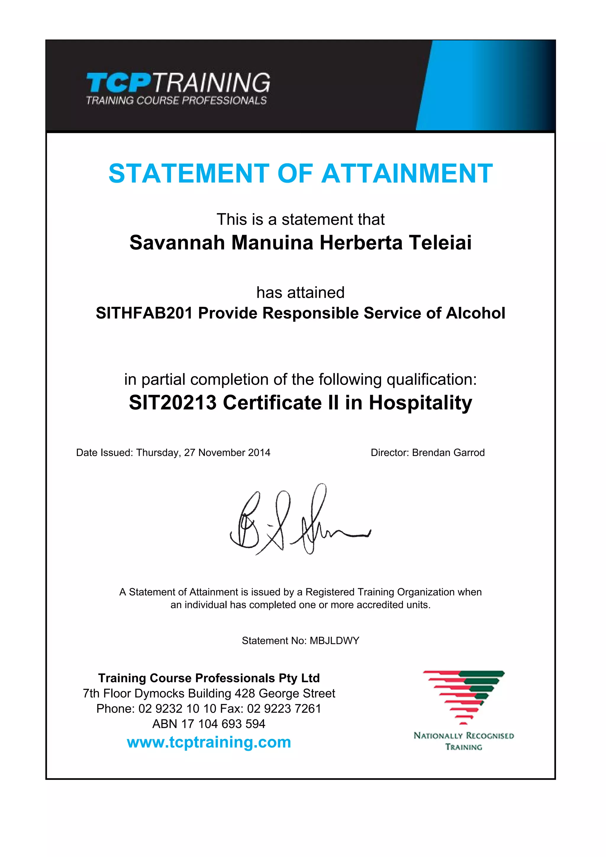 Statement of Attainment Responsible Service of Alcohol | PDF
