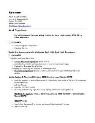 Kevin's Resume | DOC | Home Appliances | Home & Garden