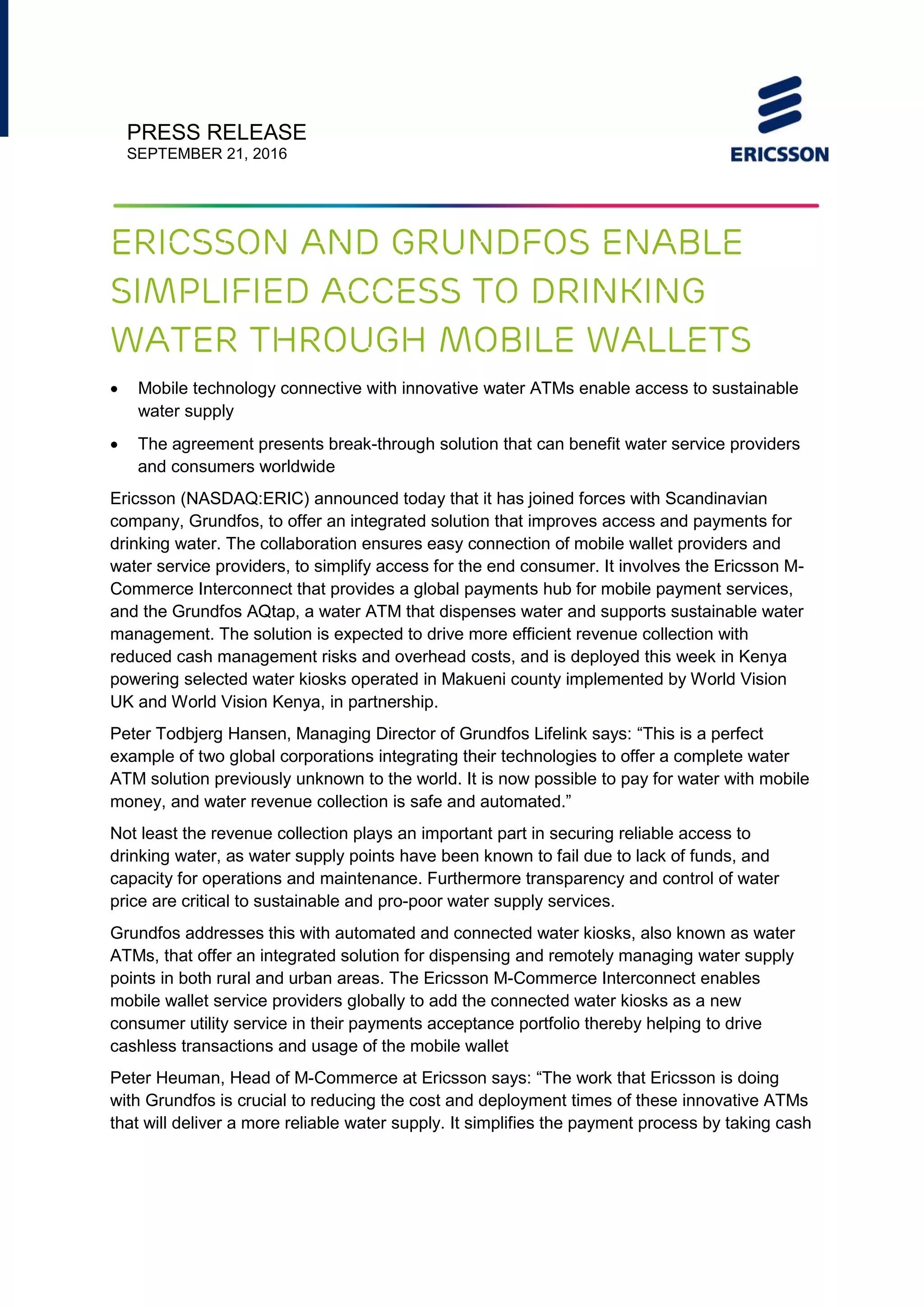 Ericsson and Grundfos _ drinking water Through EWP | PDF