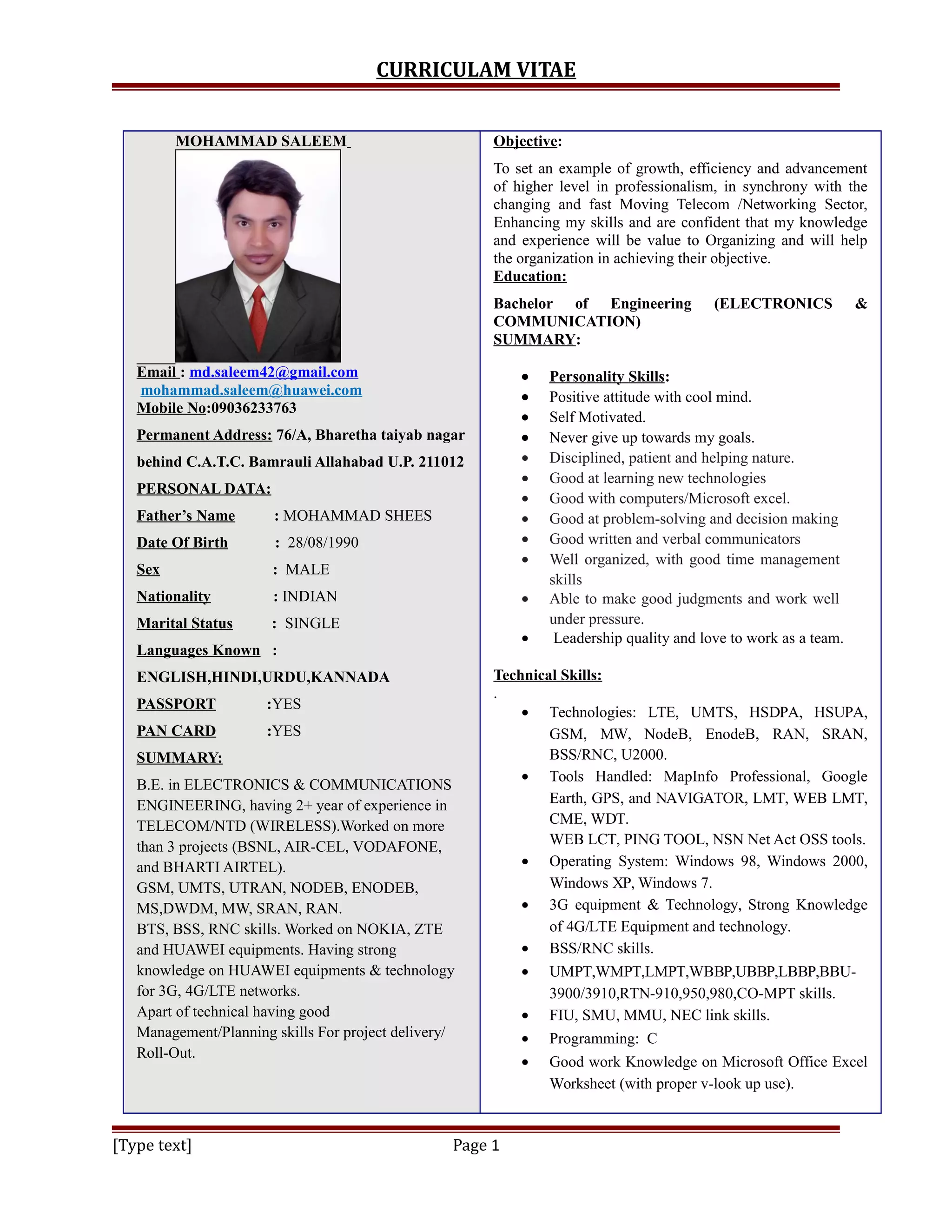 MOHAMMAD SALEEM CV. | DOC | Telecommunications Industry | Industries