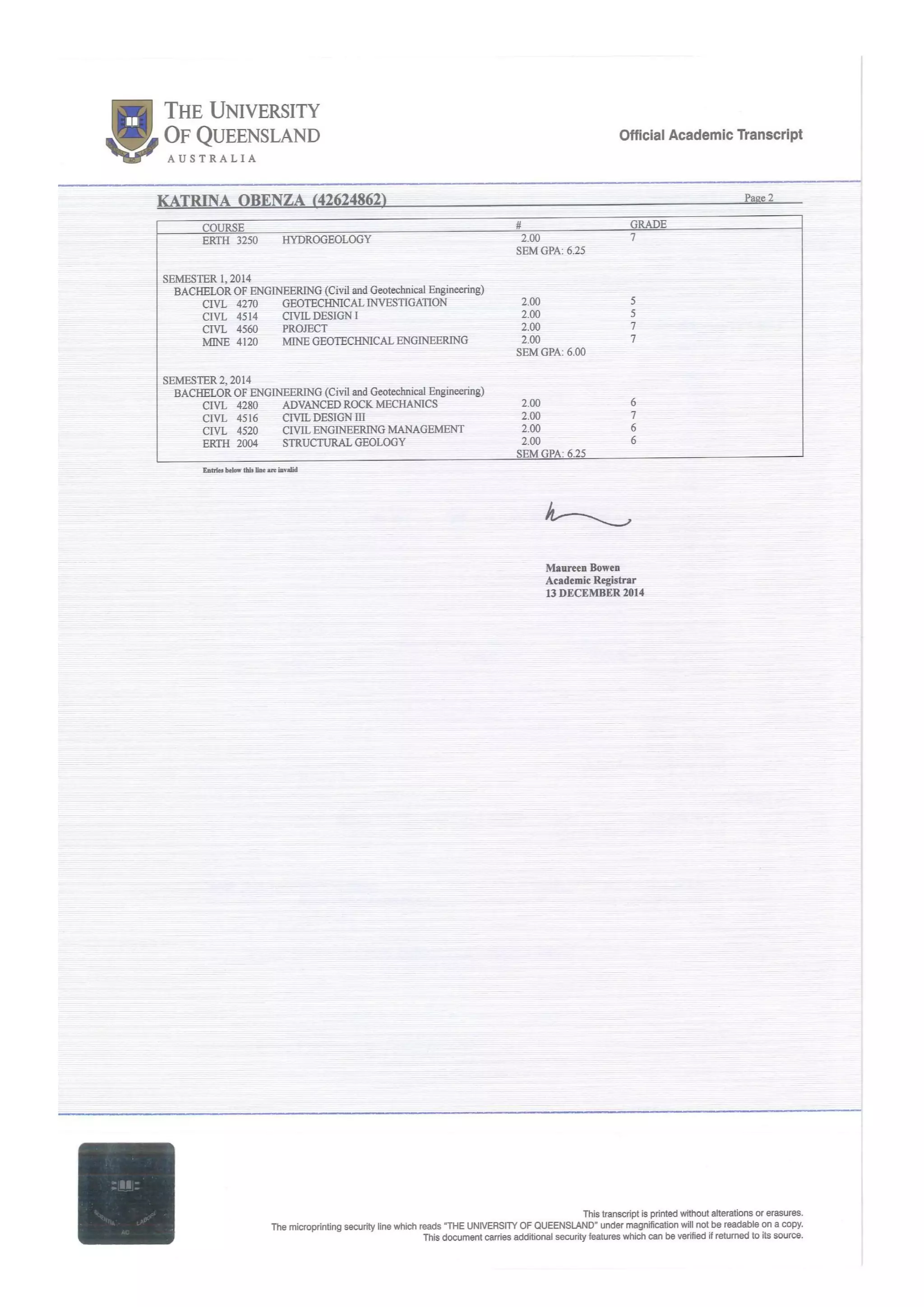 Katrina Obenza_Academic Transcript | PDF