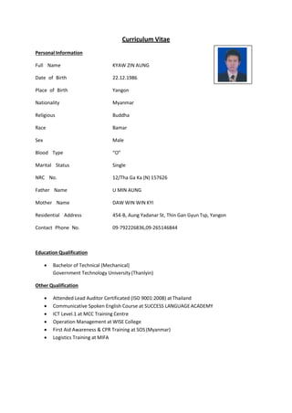 Kyaw Zin Aung CV | PDF