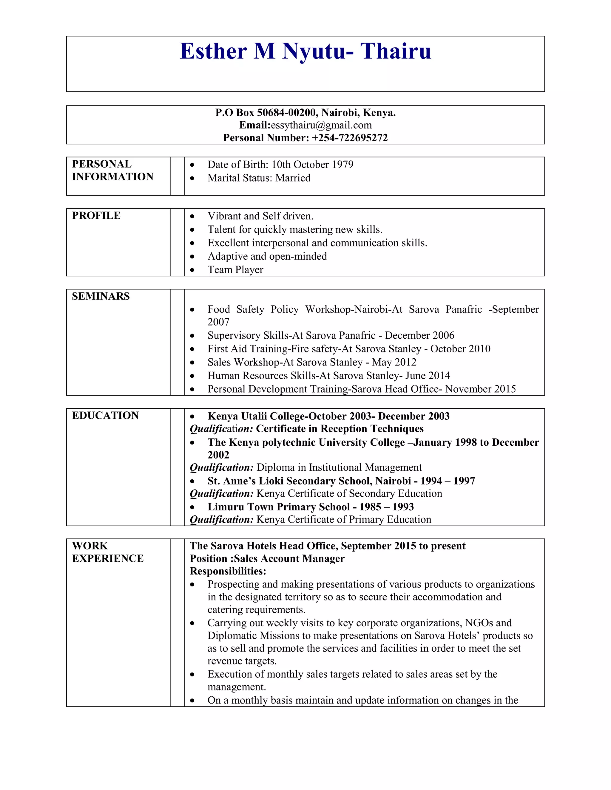 Esther Muthoni Thairu -Resume | PDF