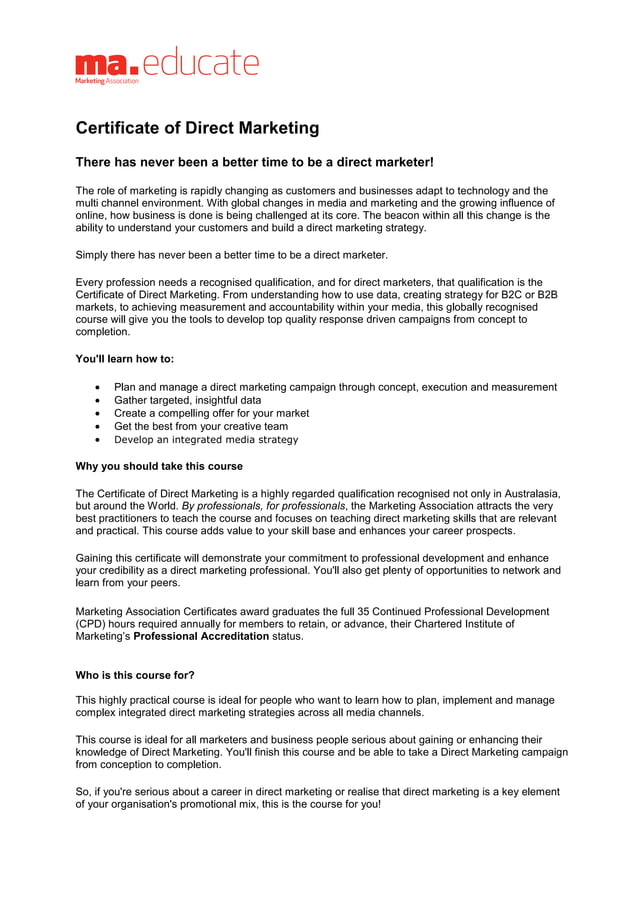 MA Certificate of Direct Marketing - Course Content | PDF