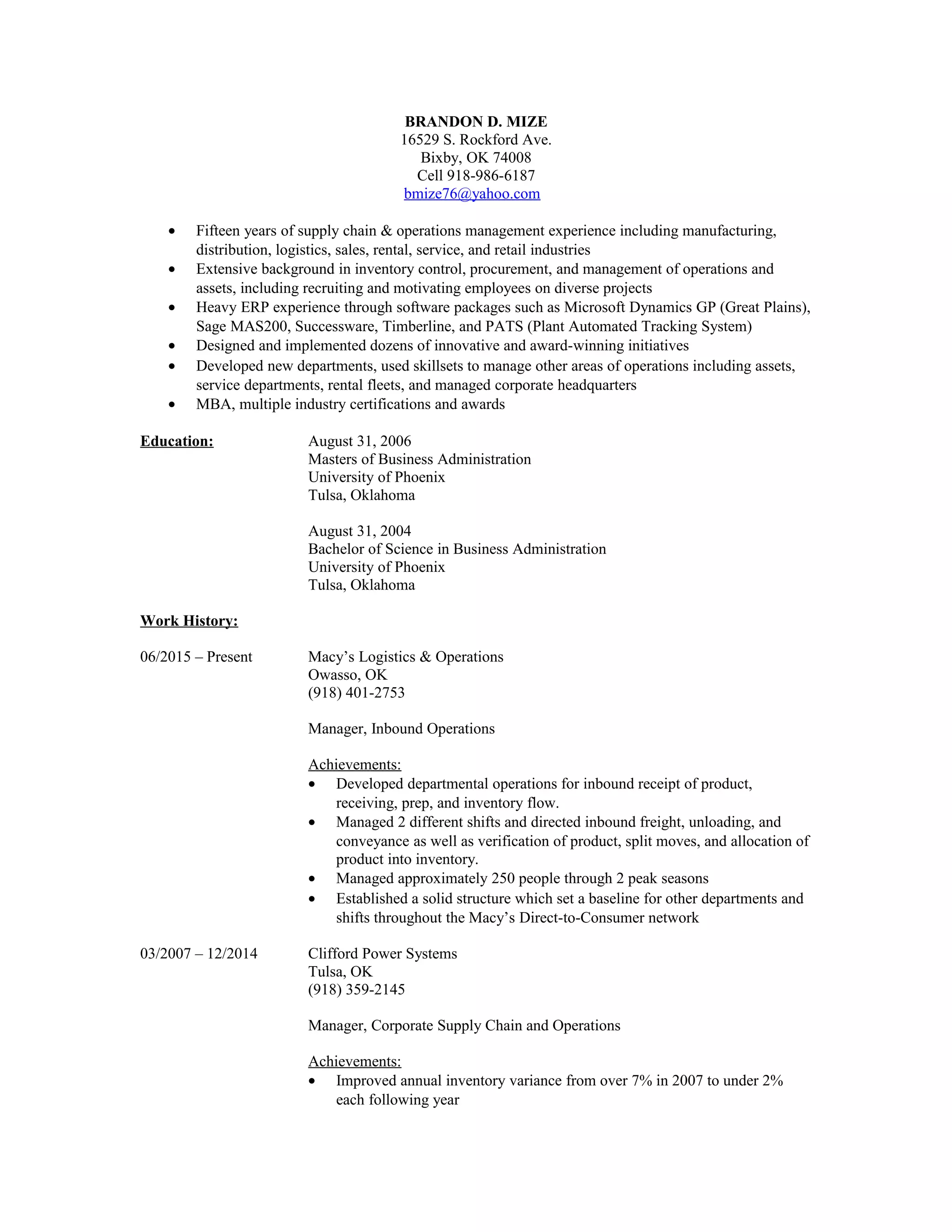 Brandon Mize Resume | DOC