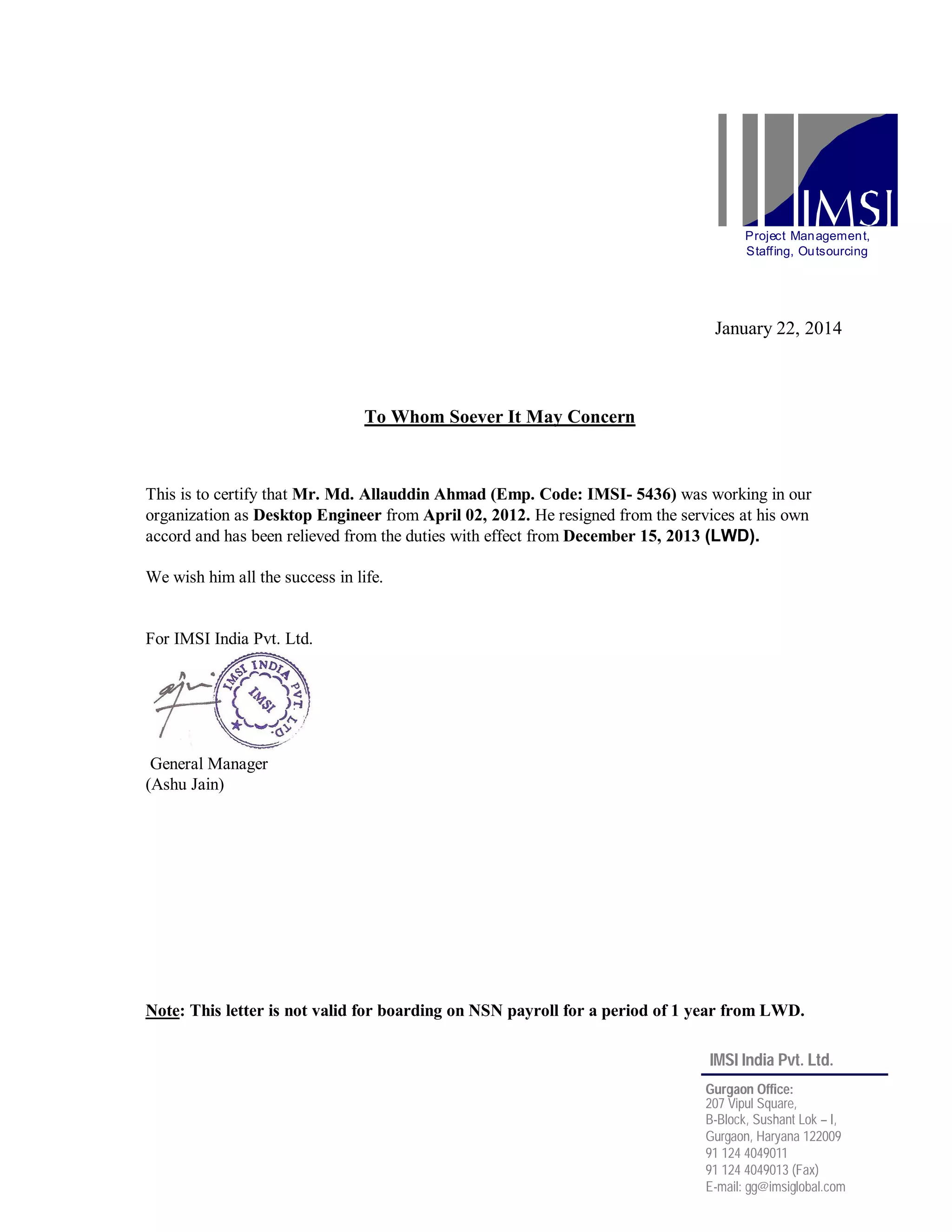 Experience cert. IMSI | PDF