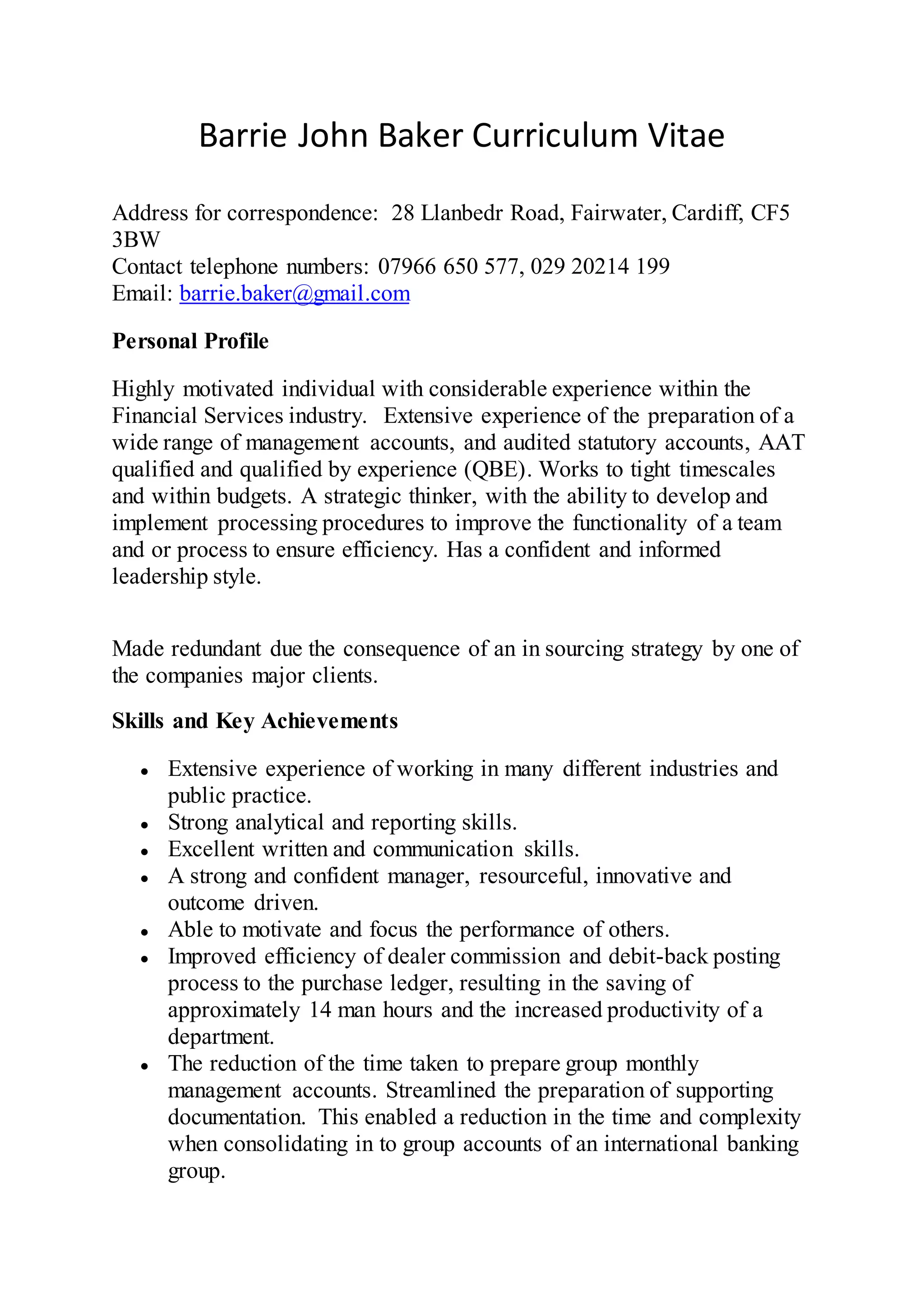 Barrie John Baker Curriculum Vitae | PDF