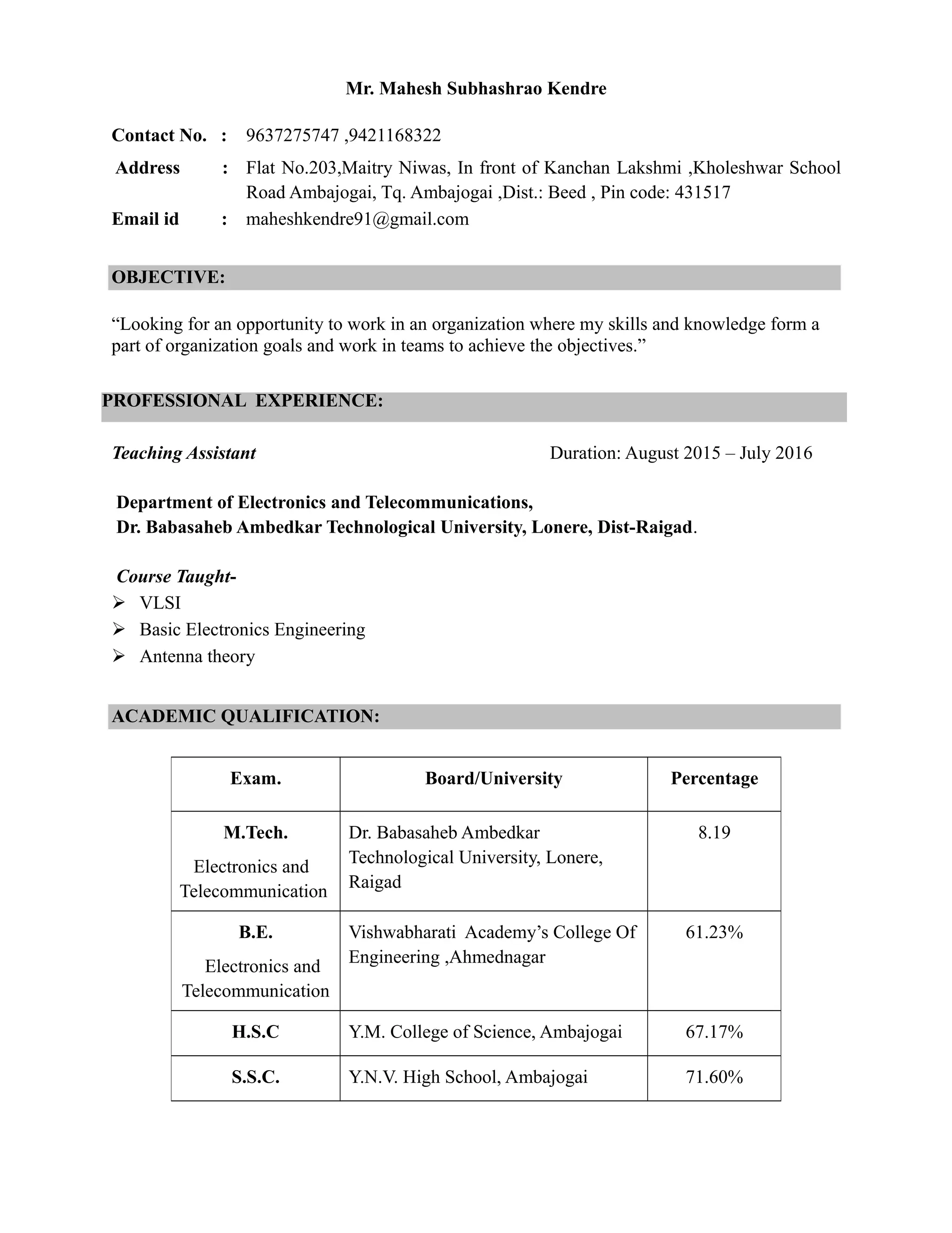 Mahesh kendre CV NEW | DOC
