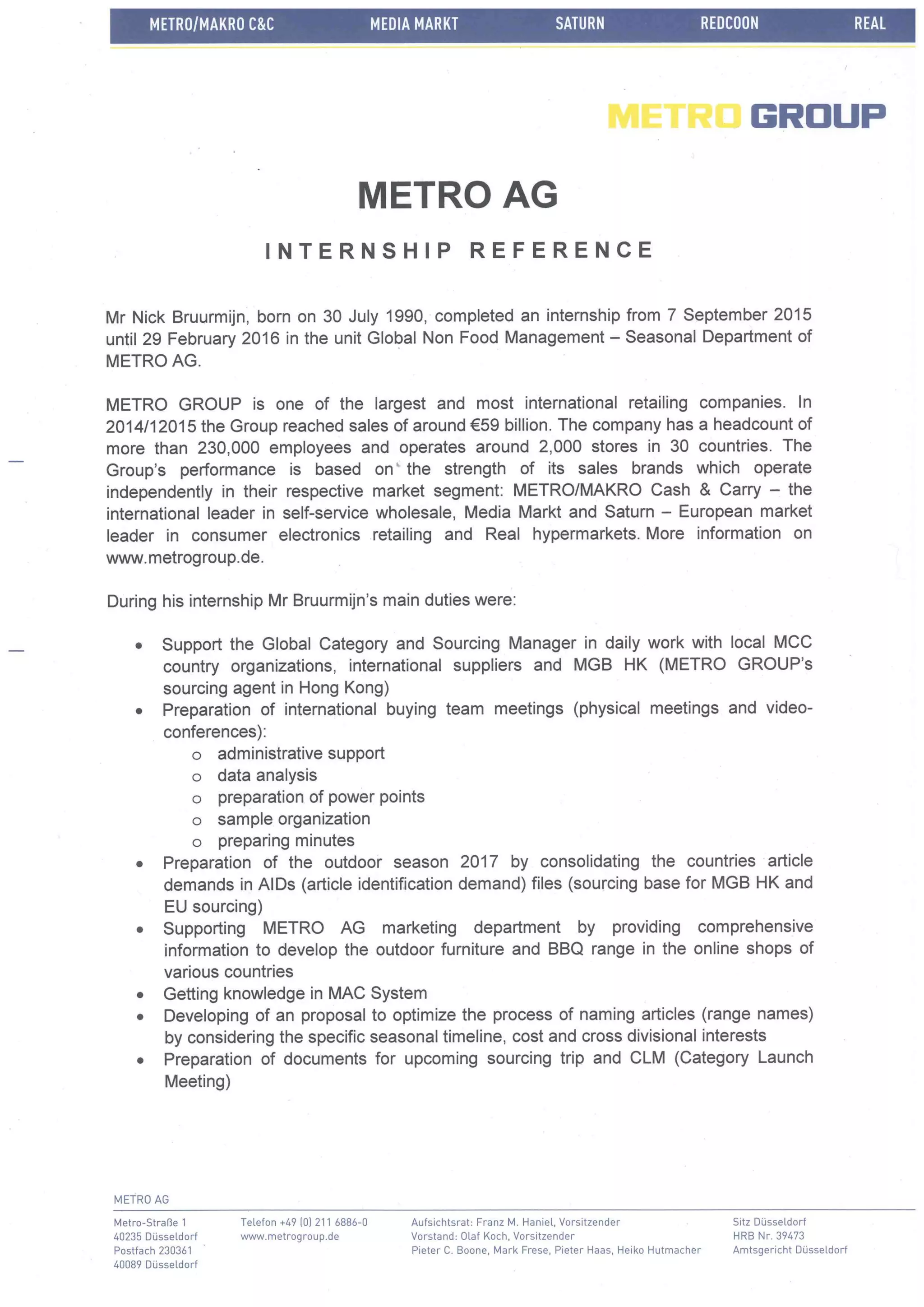 Internship Reference METRO AG | PDF