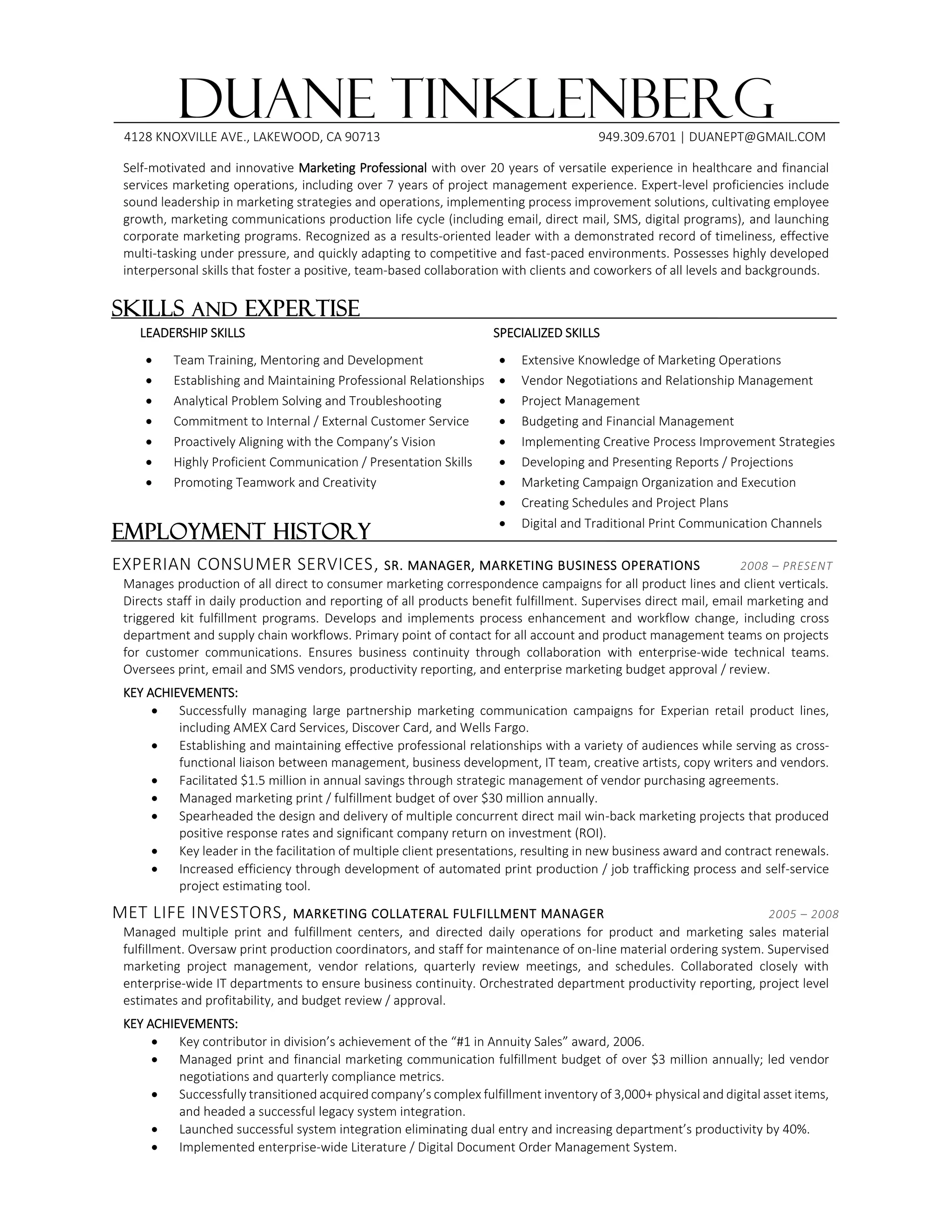 Duane Tinklenberg base resume | PDF