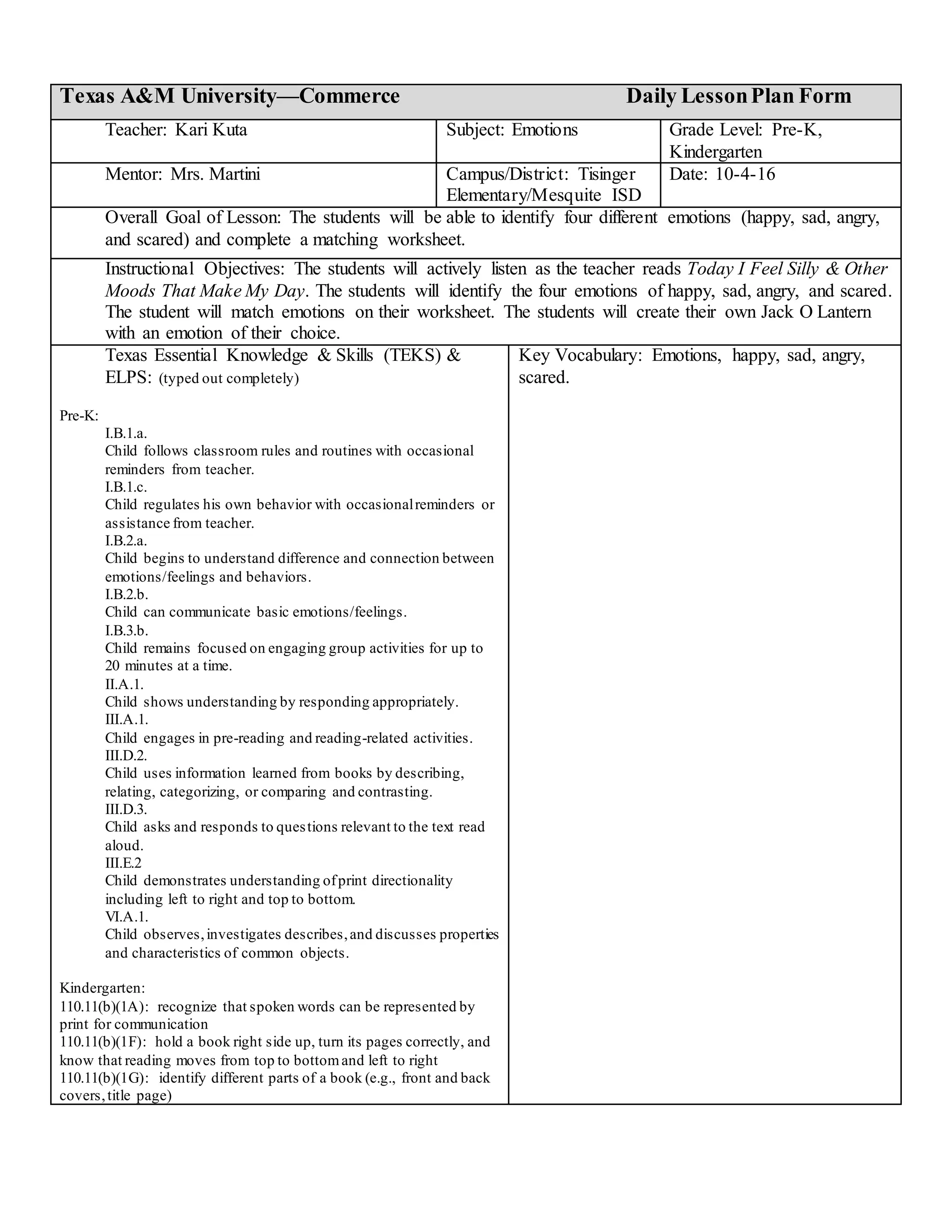 Emotions PPCD Lesson Plan | DOCX