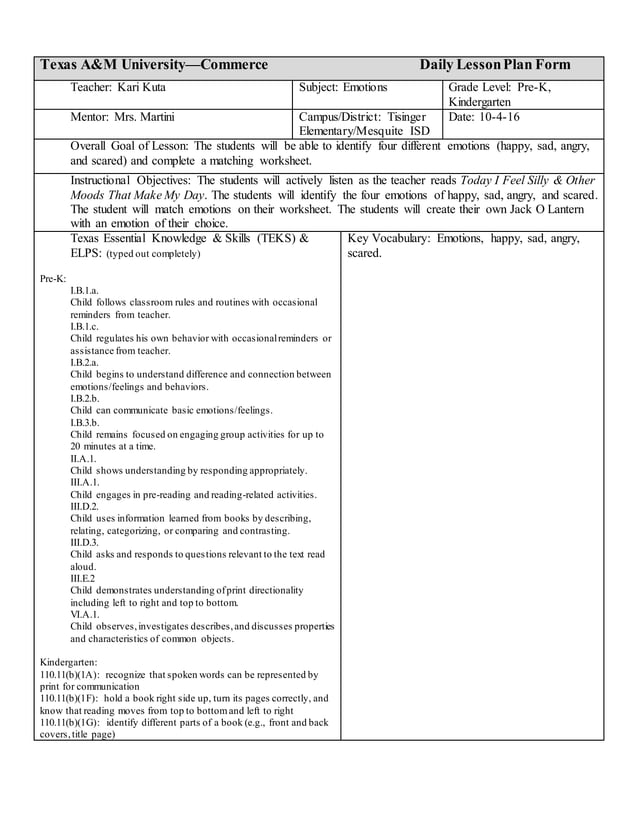 Emotions PPCD Lesson Plan | DOCX | Primary Education | Education