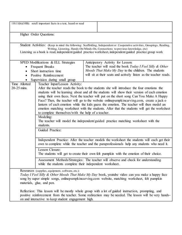 Emotions PPCD Lesson Plan | DOCX | Primary Education | Education