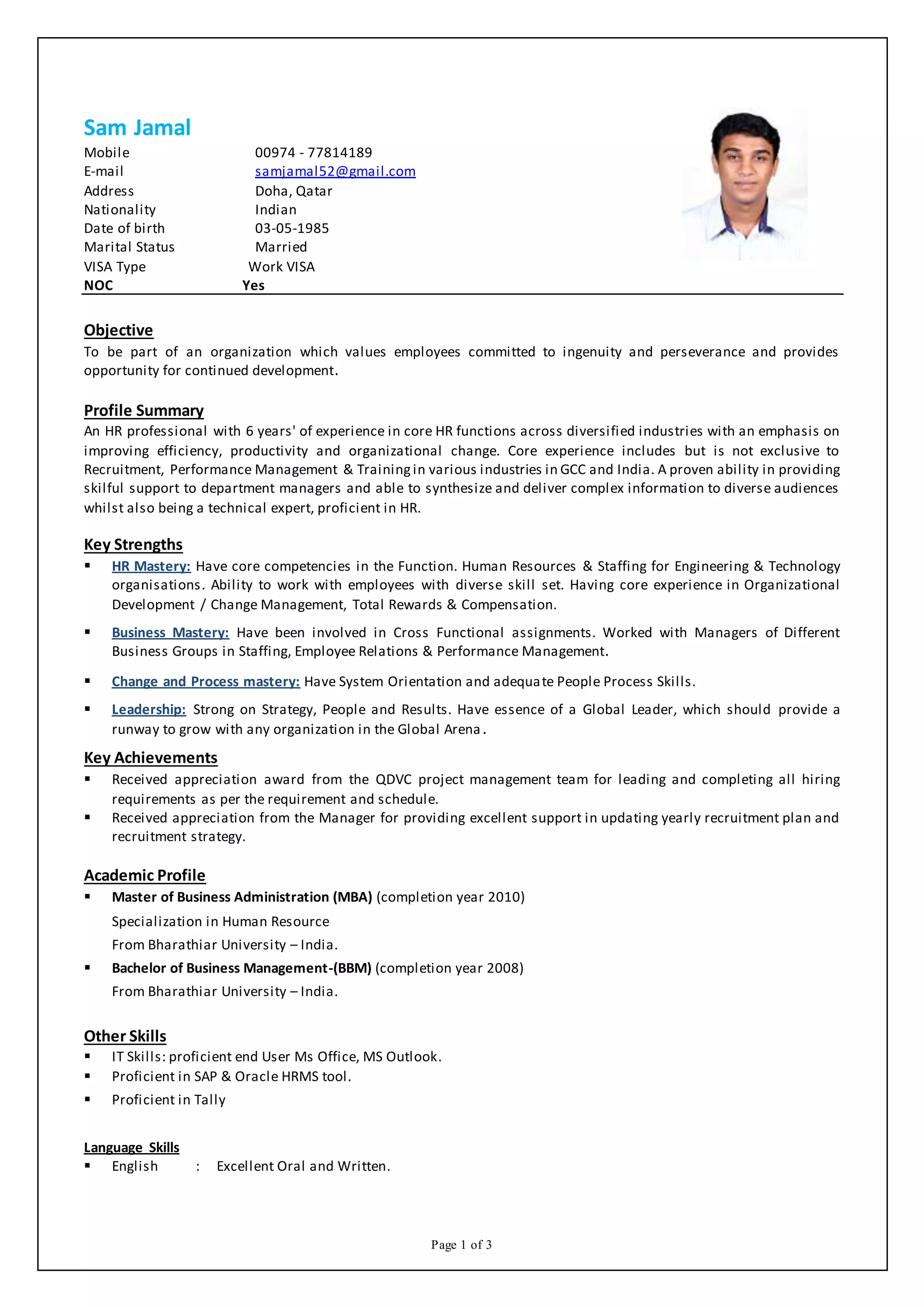 Resume Sam Jamal 2016 HR Professional | DOCX