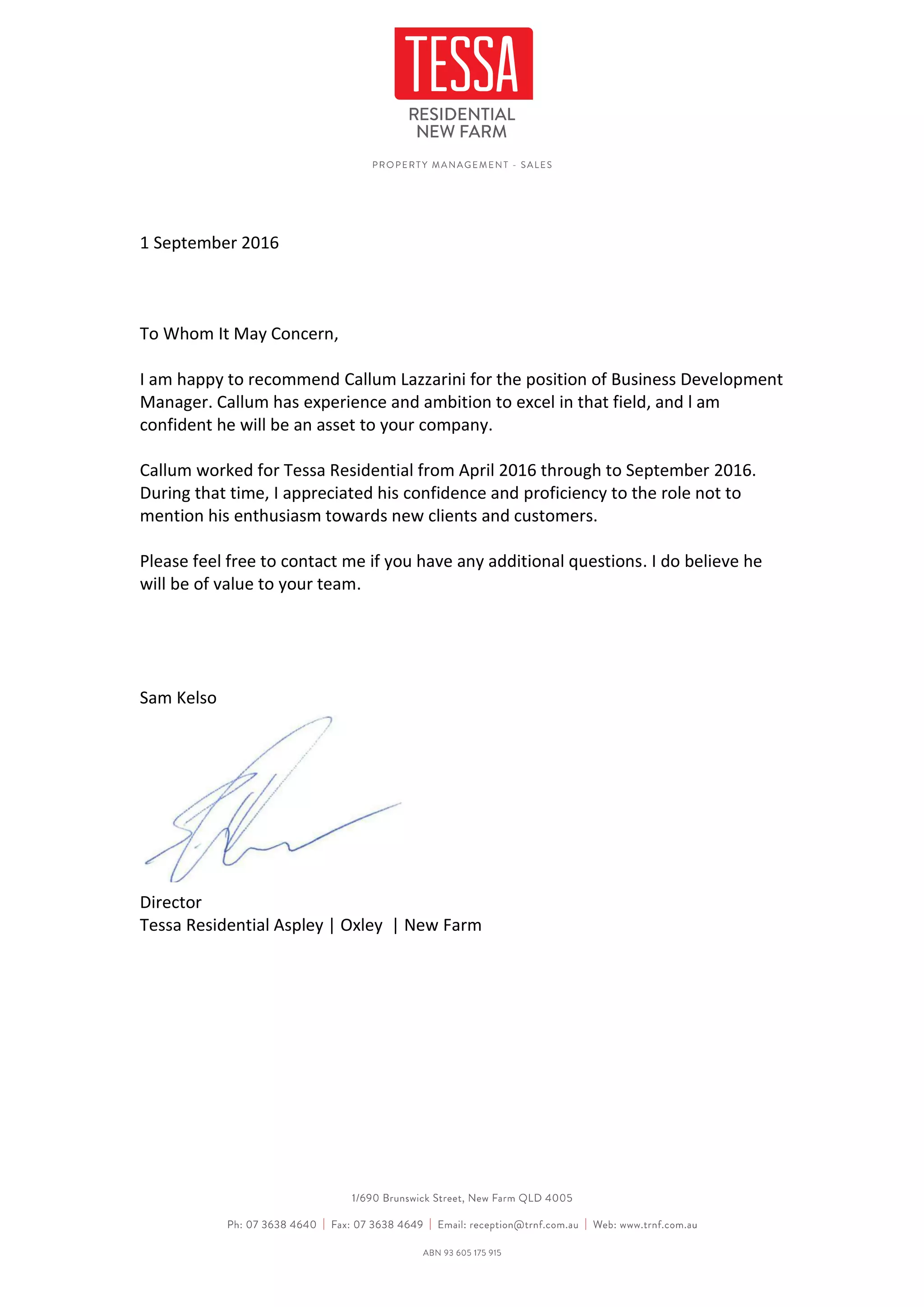 Letter of Recommendation - Callum Lazzarini | PDF