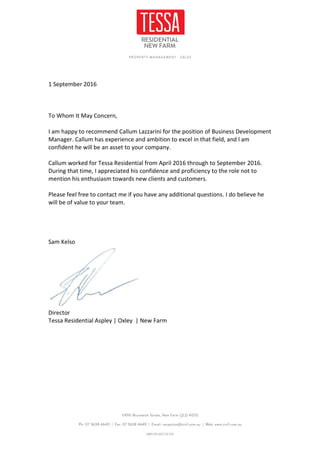 Letter of Recommendation - Callum Lazzarini | PDF