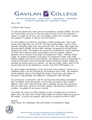 Letter of Rec Hillary Apel | DOCX | College Education | Education
