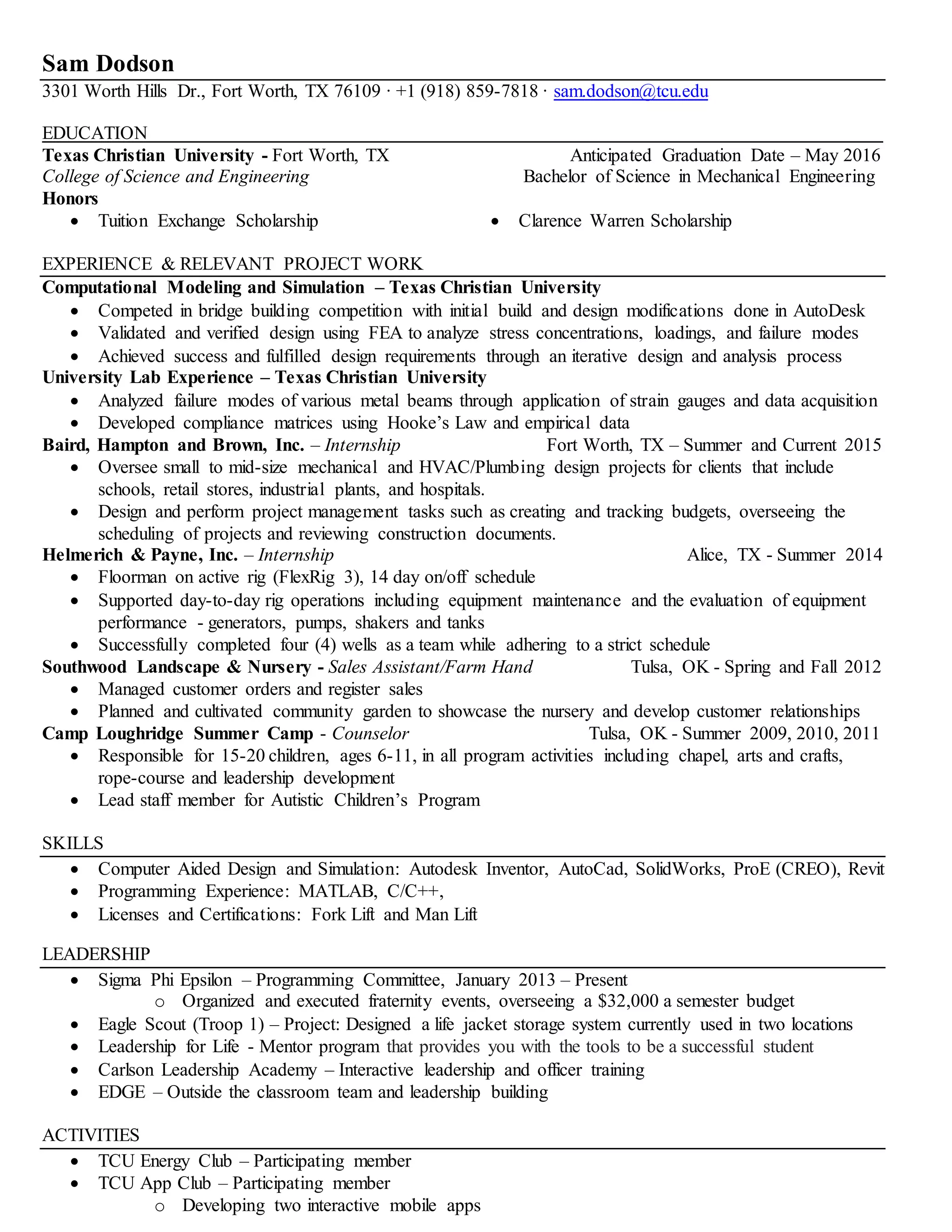 Sam Dodson Resume | DOCX | Physics | Science