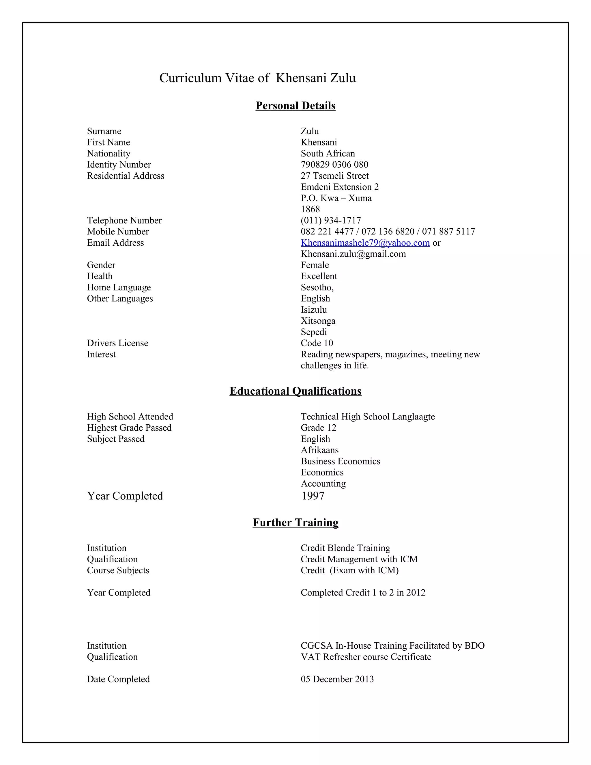 Khensani's CV | DOC