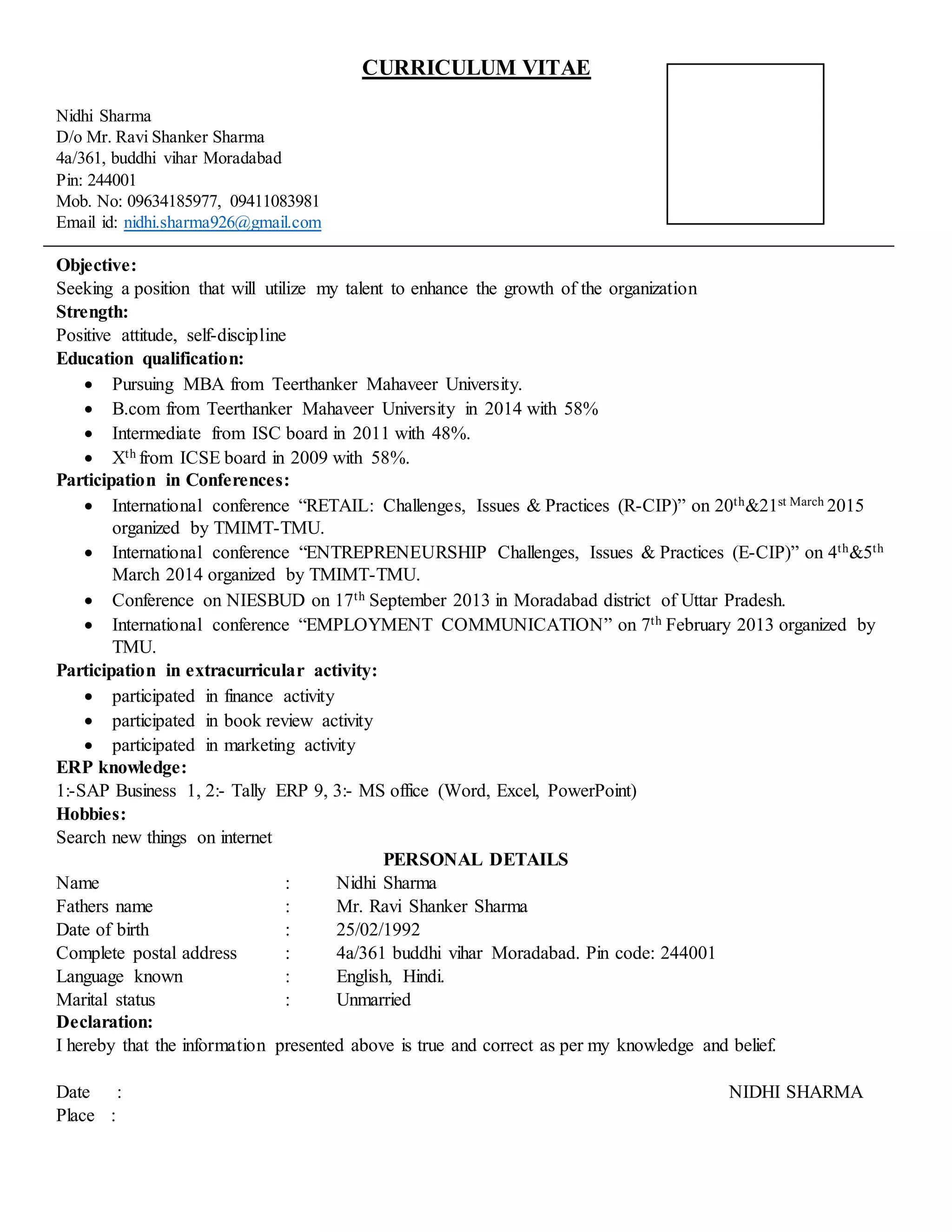 nidhi sharma latest cv 25-07-15 | DOCX