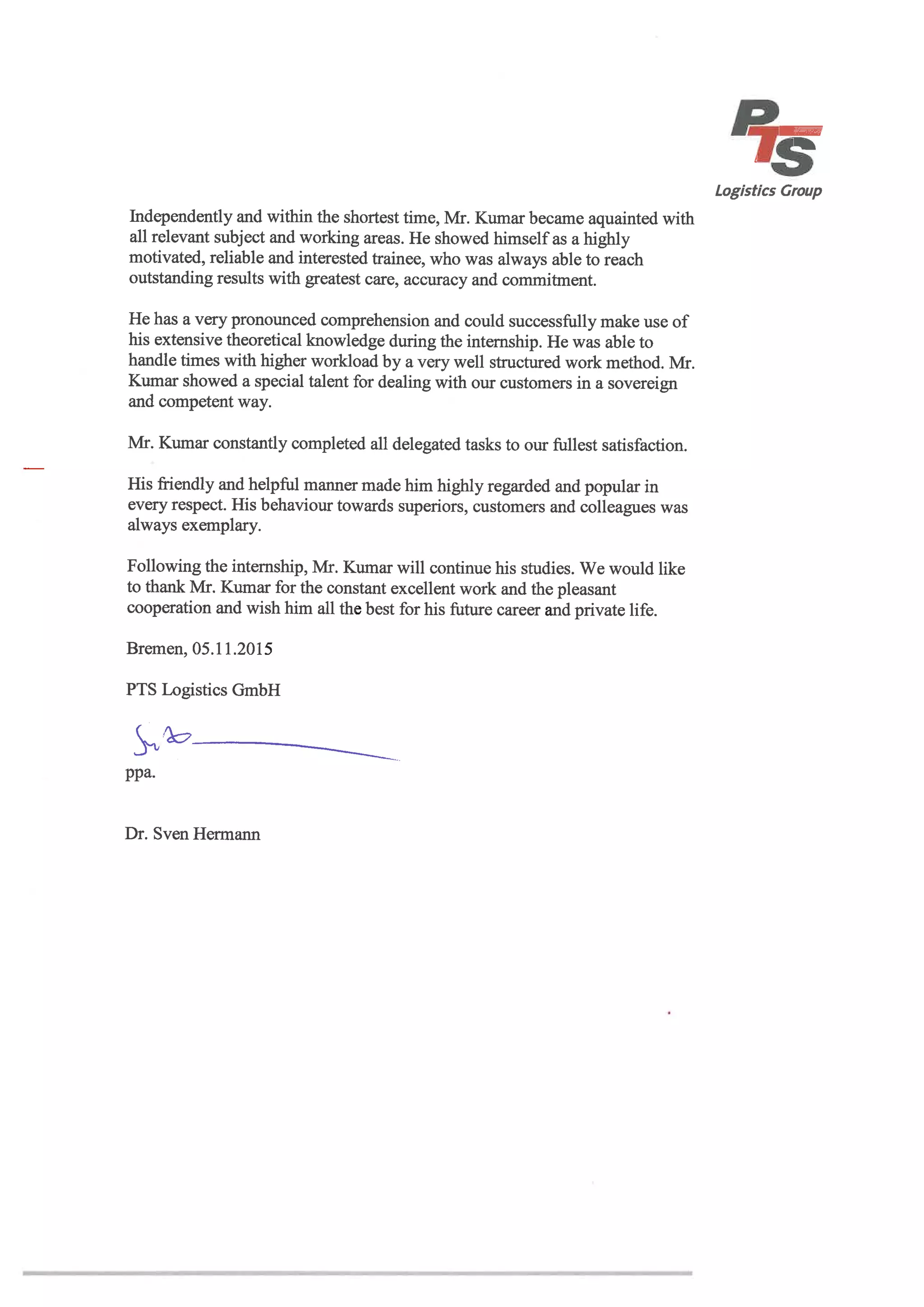 Manish Reference Letter - PTS Logistics | PDF