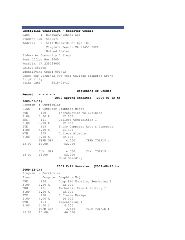 Unofficial Transcript | PDF