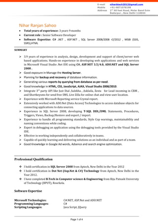 NIHAR SAHOO-UPDATE_Resume | DOC | Databases | Computer Software and Applications