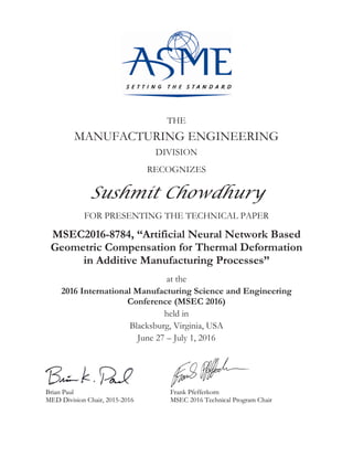 MSEC 2016 Presenter Certificate Sushmit Chowdhury 2016-8-9 | PDF | Science