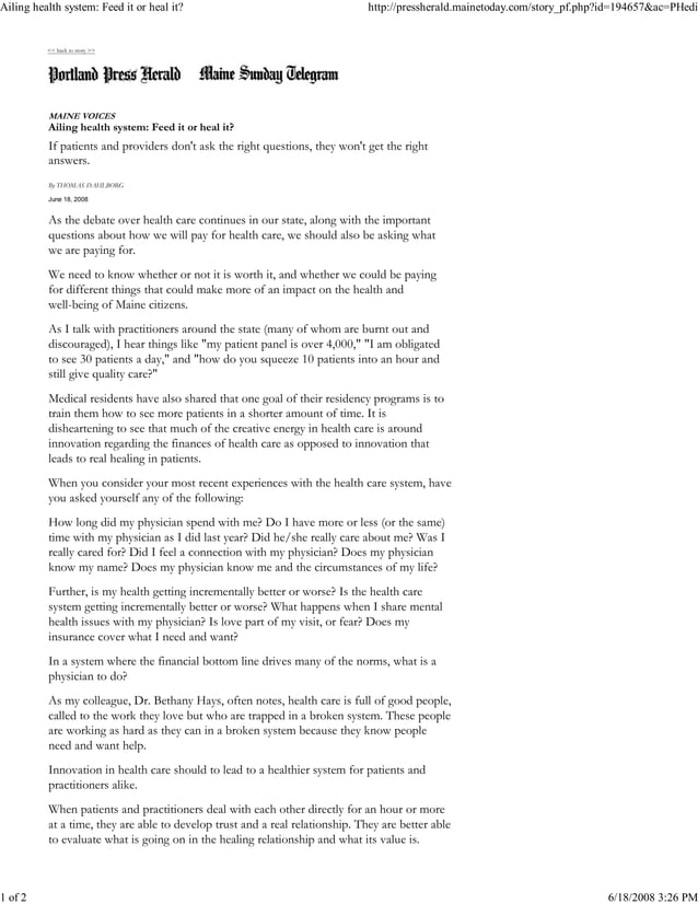 080618 Ailing Health System Feed it or Heal It_Thomas H Dahlborg | PDF