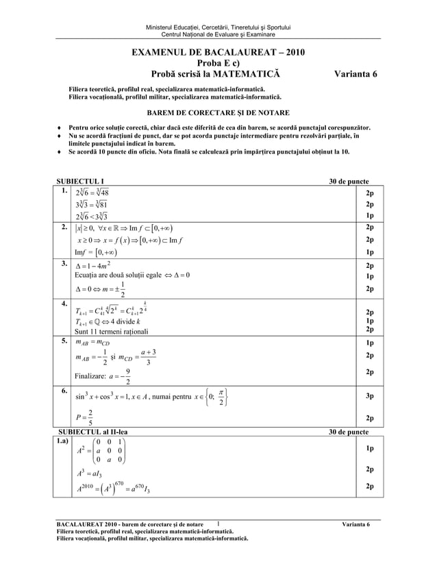 6 barem varianta oficiala bac matematica m1 2010 (sesiune august) | PDF