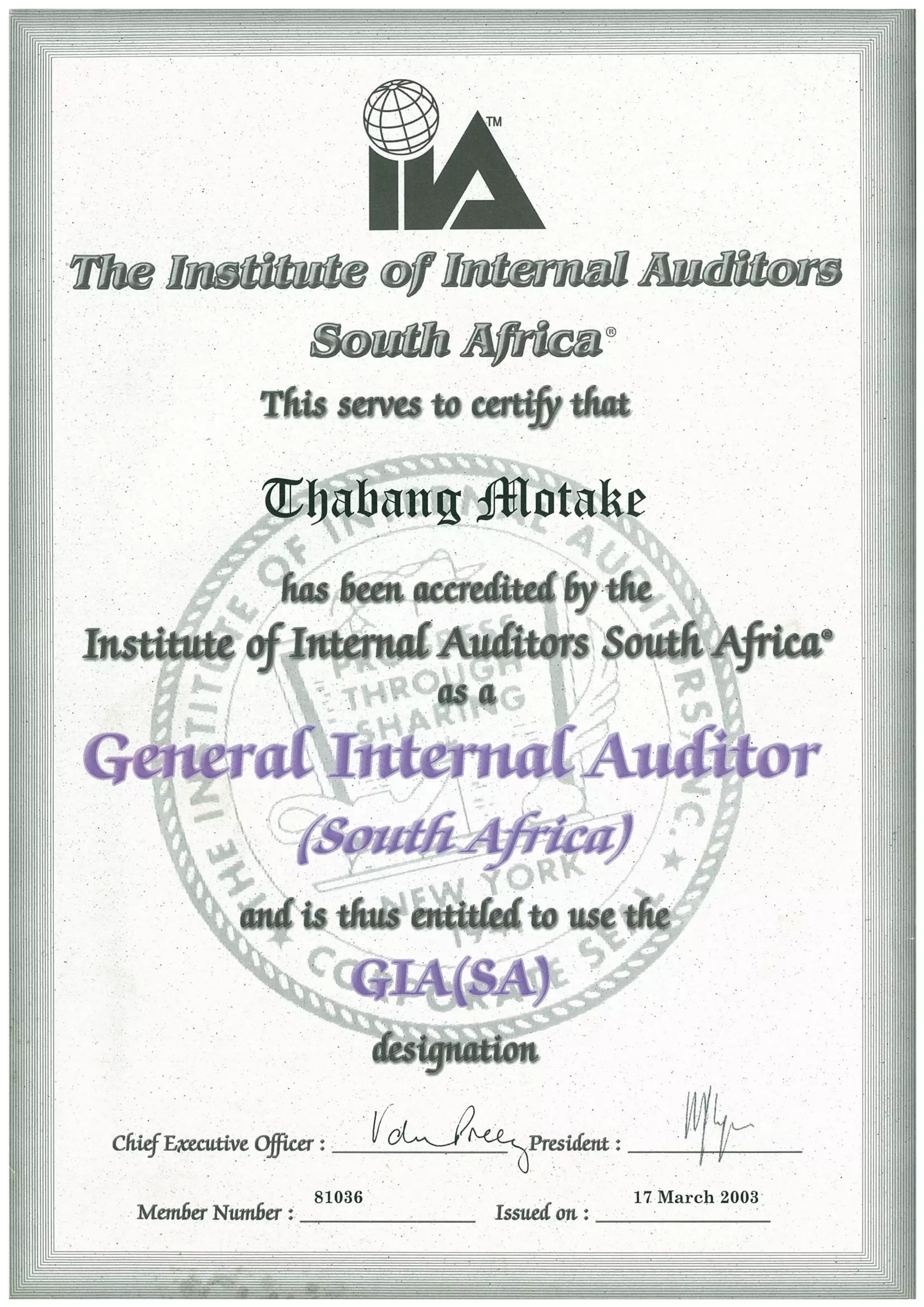 General Internal Auditor GIA Certificate | PDF