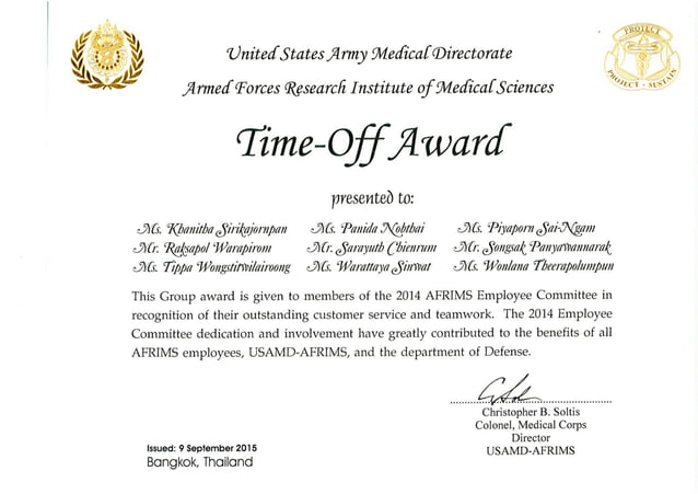 Time-Off Award - The 2014 AFRIMS Employee Commitee | PDF