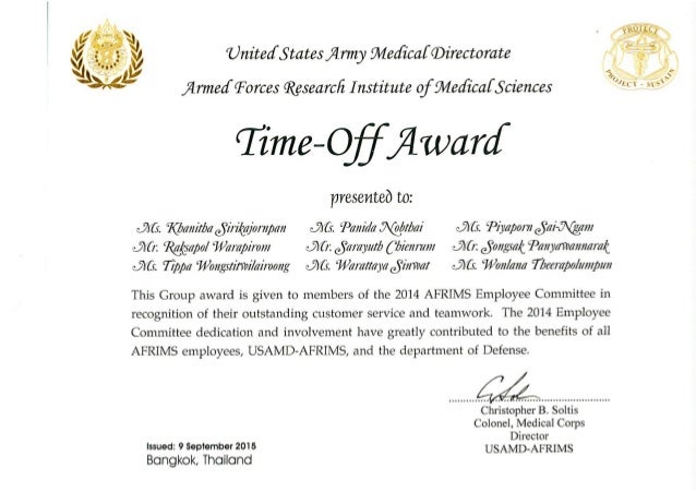 Time-Off Award - The 2014 AFRIMS Employee Commitee