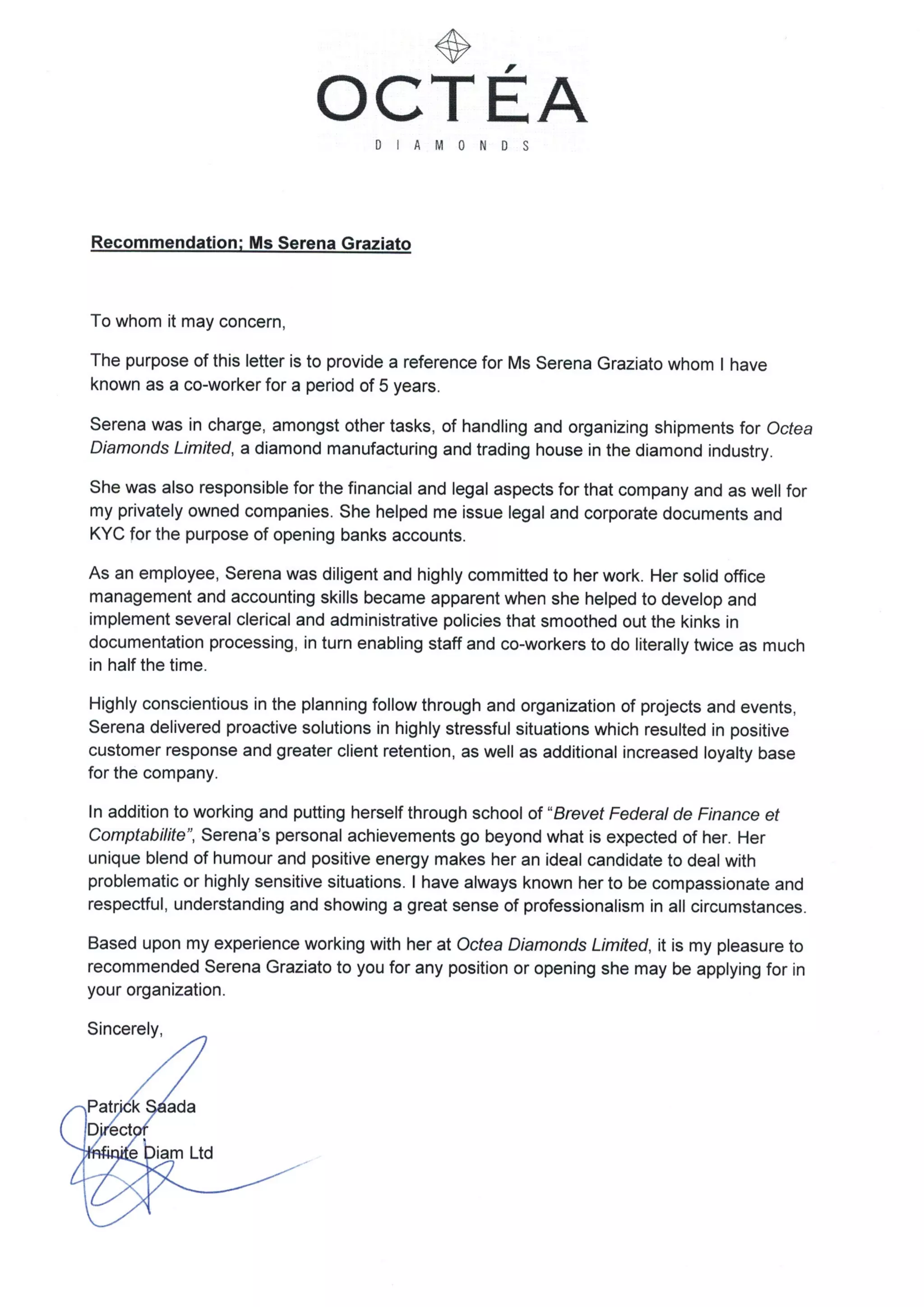 Patrick Saada - recommendation letter Serena Graziato | PDF