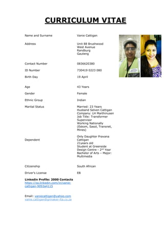 Curriculam Vitae - Vanie Cattigan - February 2017 Rev0 - Updated Details | PDF