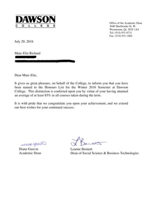Semestral Honors Letter - Winter 2016 | PDF