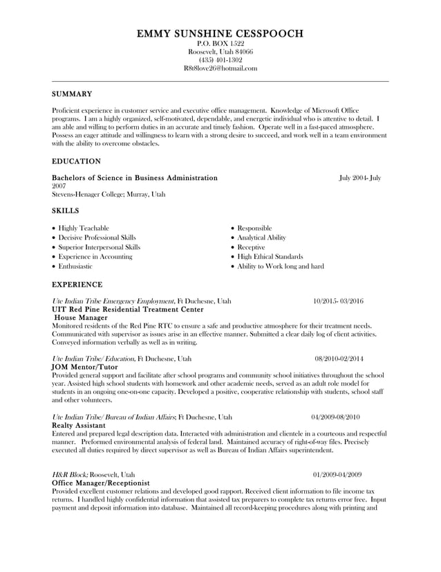 Emmy Sunshine Cesspooch's Resume 2016 | PDF