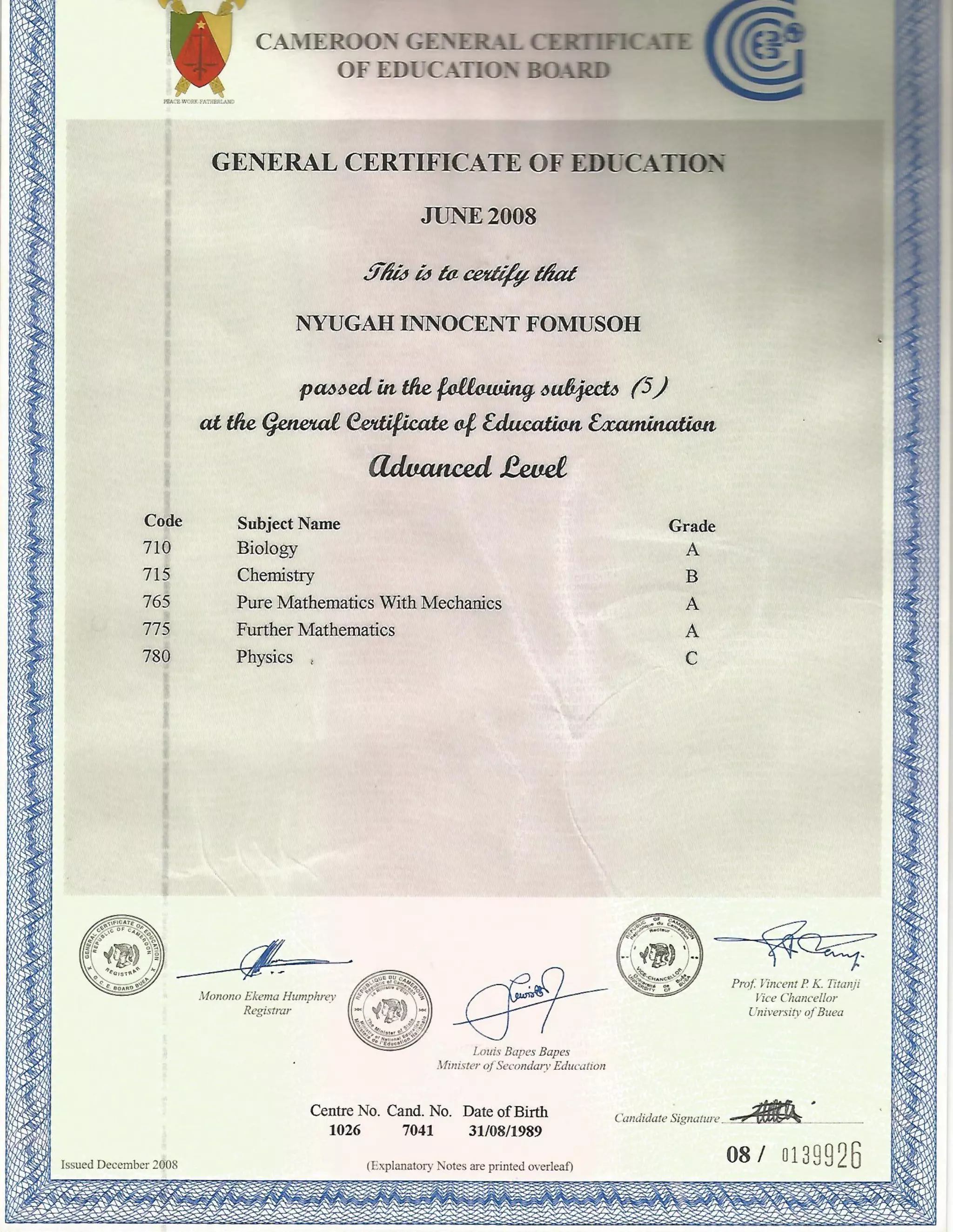 GCE Advanced Level Certificate | PDF